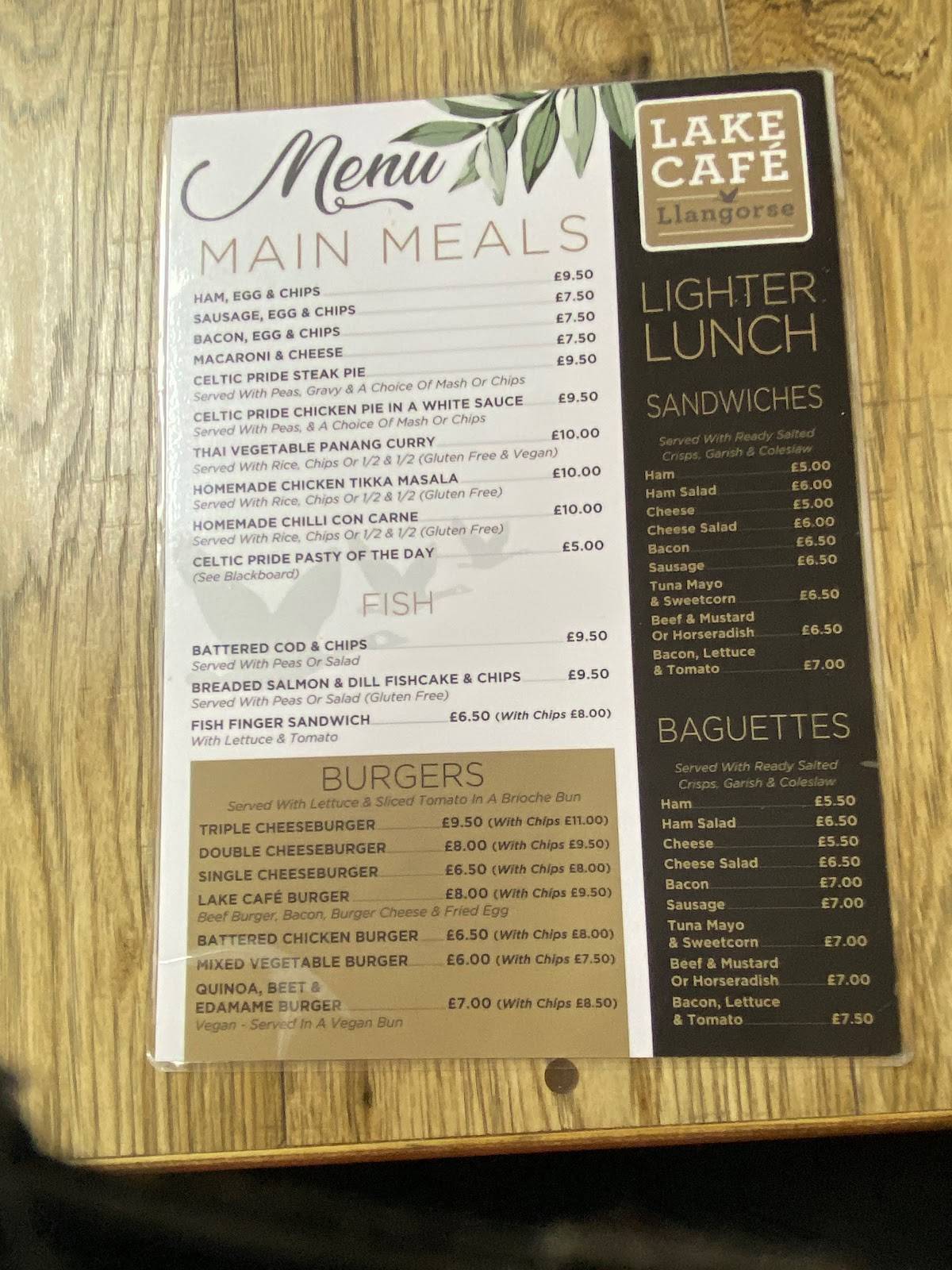 Menu at The Lake Cafe, Llangorse, Lakeside Caravan Park