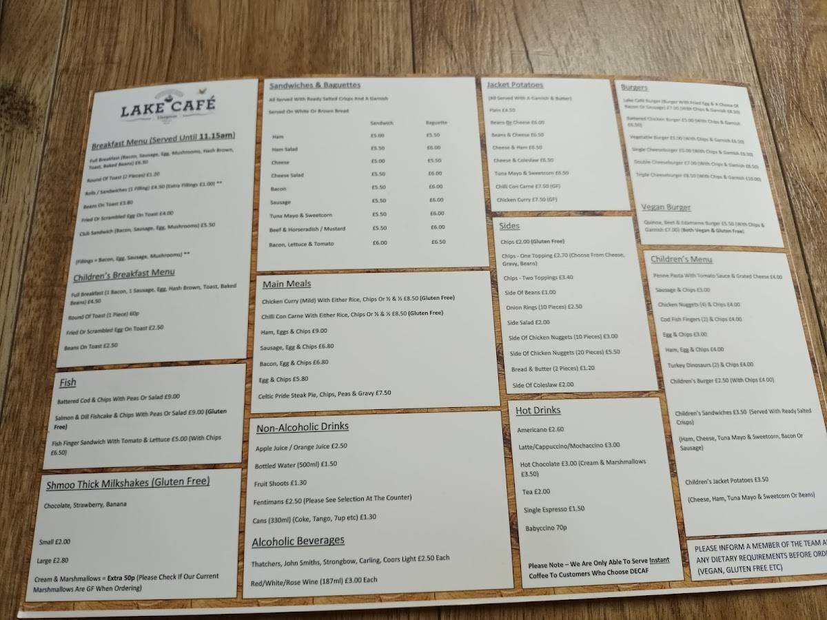 Menu at The Lake Cafe, Llangorse, Lakeside Caravan Park