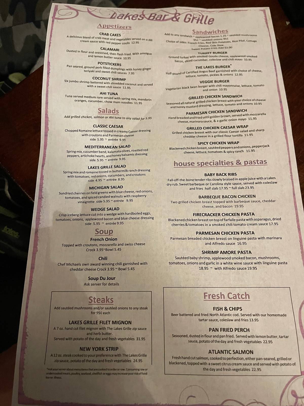 Menu at The Lakes Bar & Grille, Commerce Charter Township