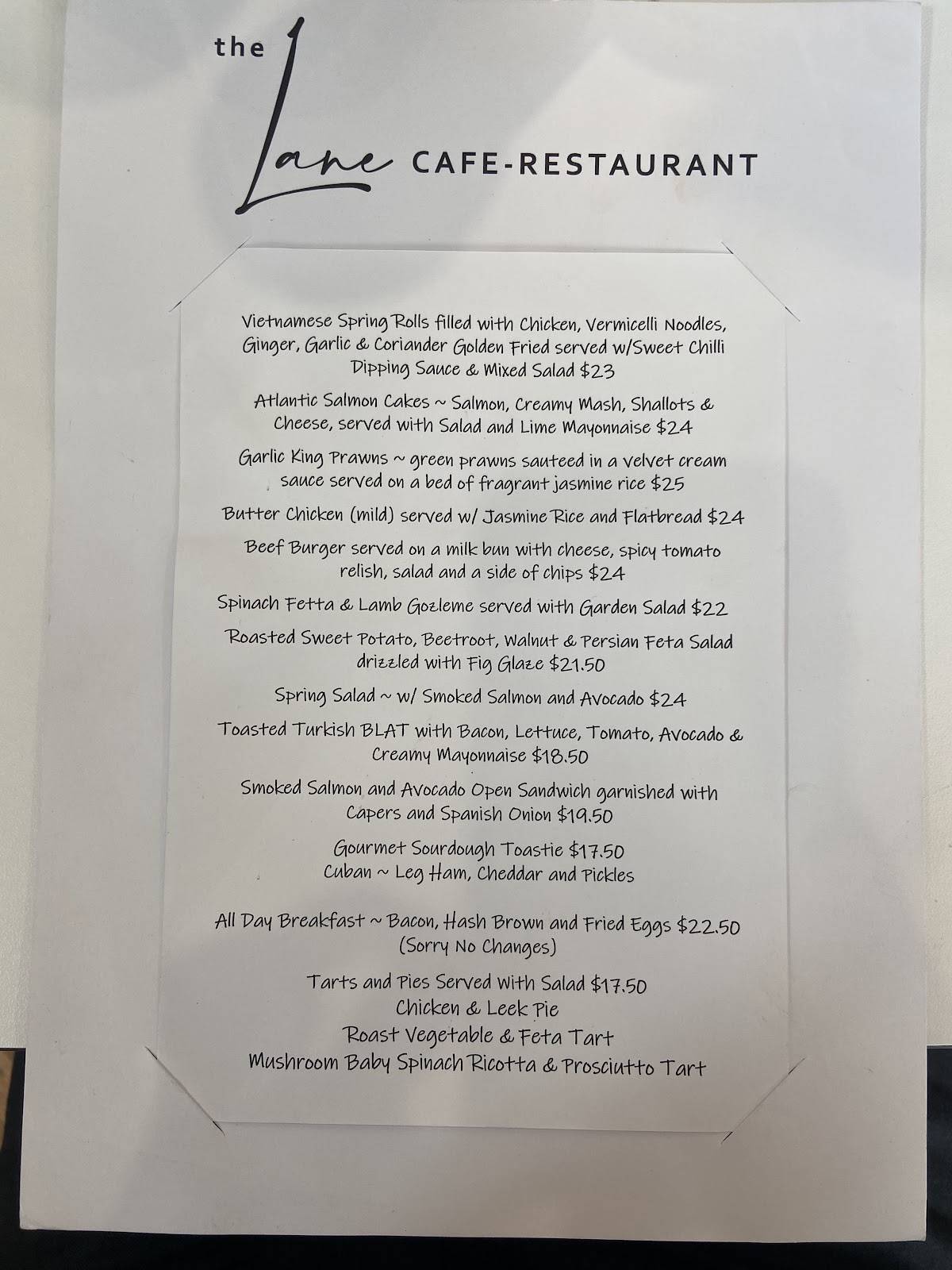 Menu at The Lane Cafe - Restaurant., Nowra