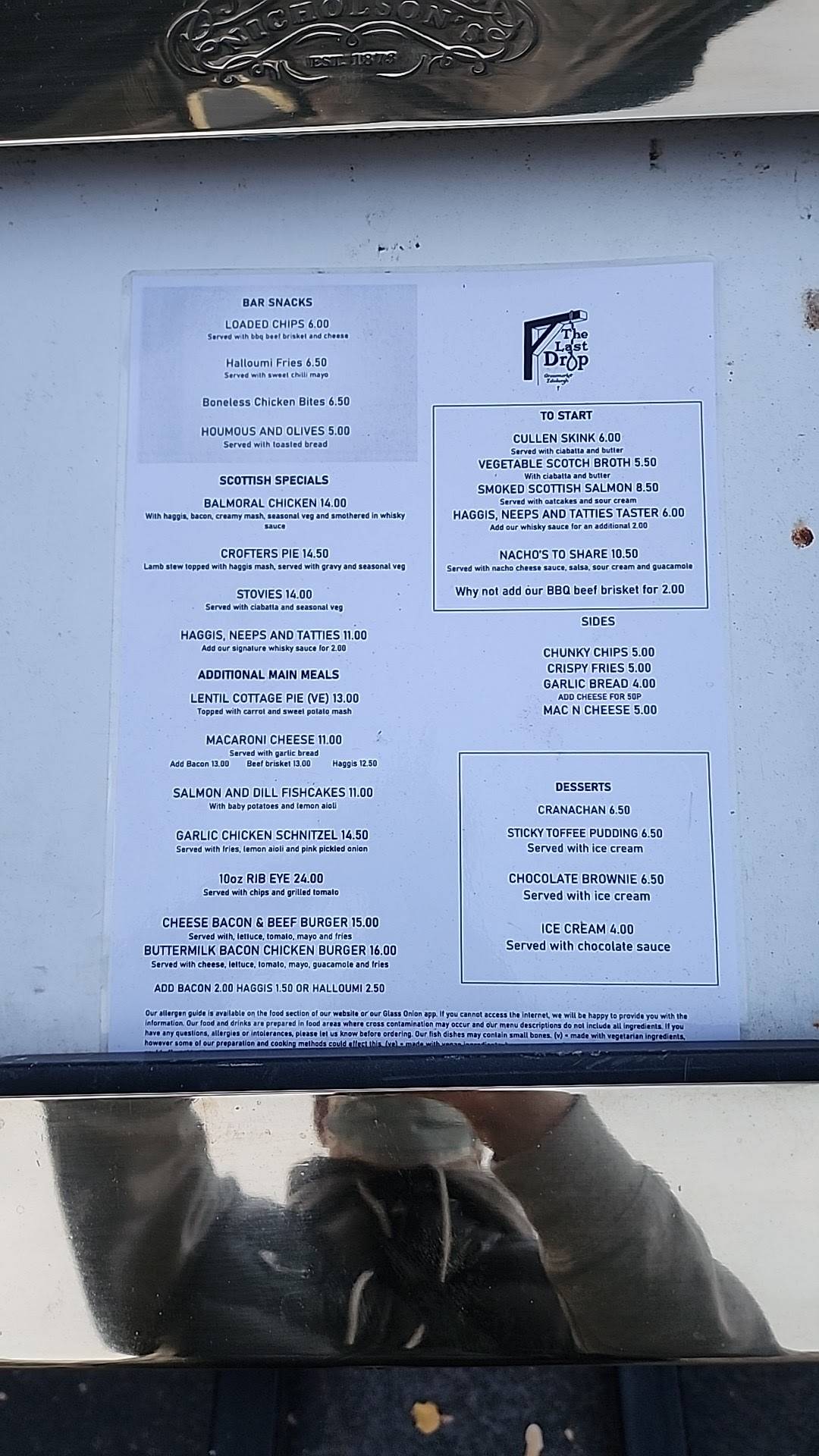 Menu at The Last Drop pub & bar, Edinburgh