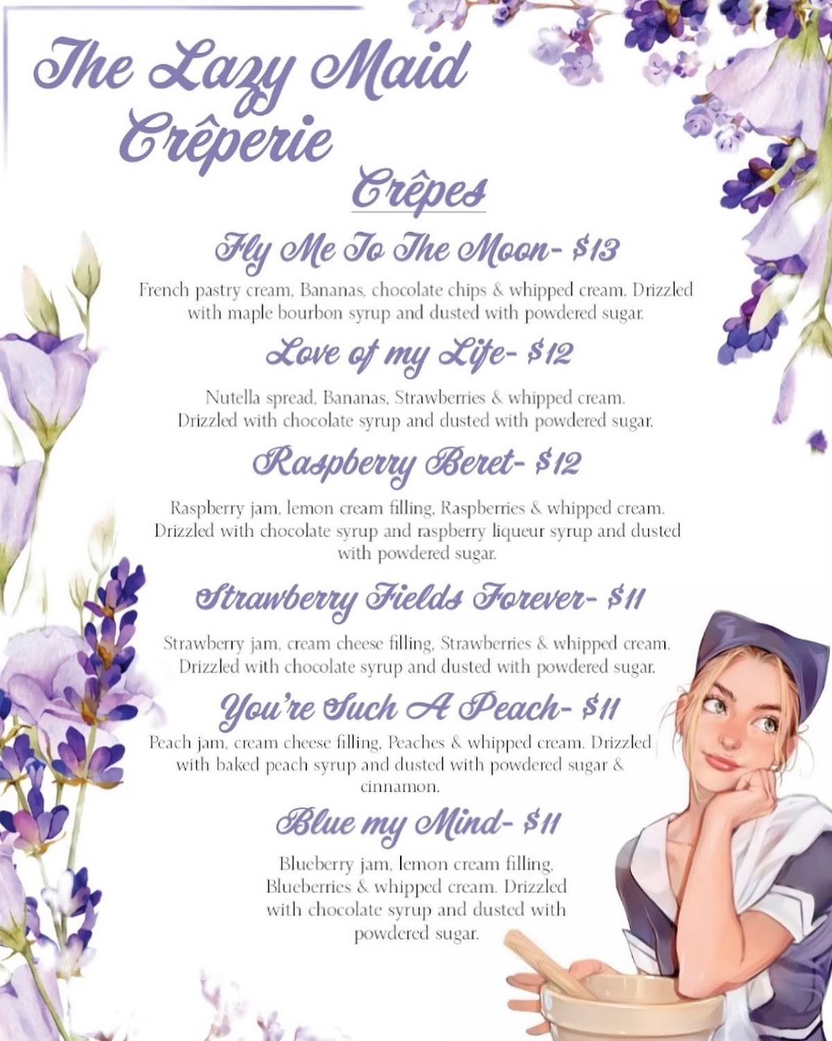 Menu at The Lazy Maid Crêperie restaurant, Brooksville