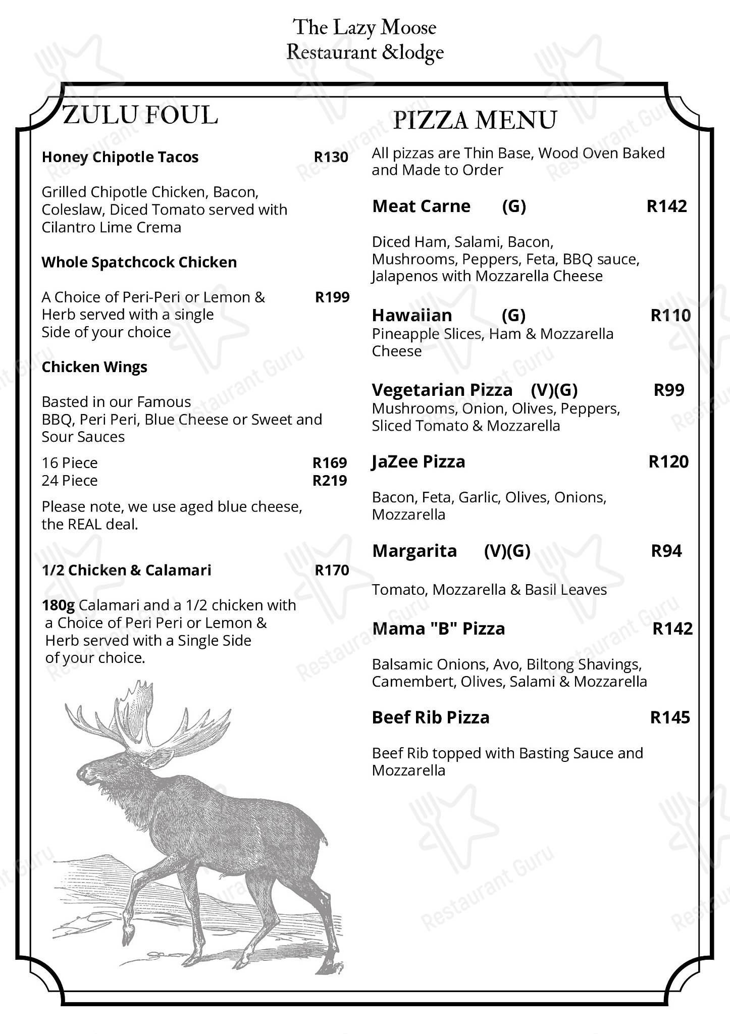 Menu at The Lazy Moose Restaurant & Lodge, Ezembeni