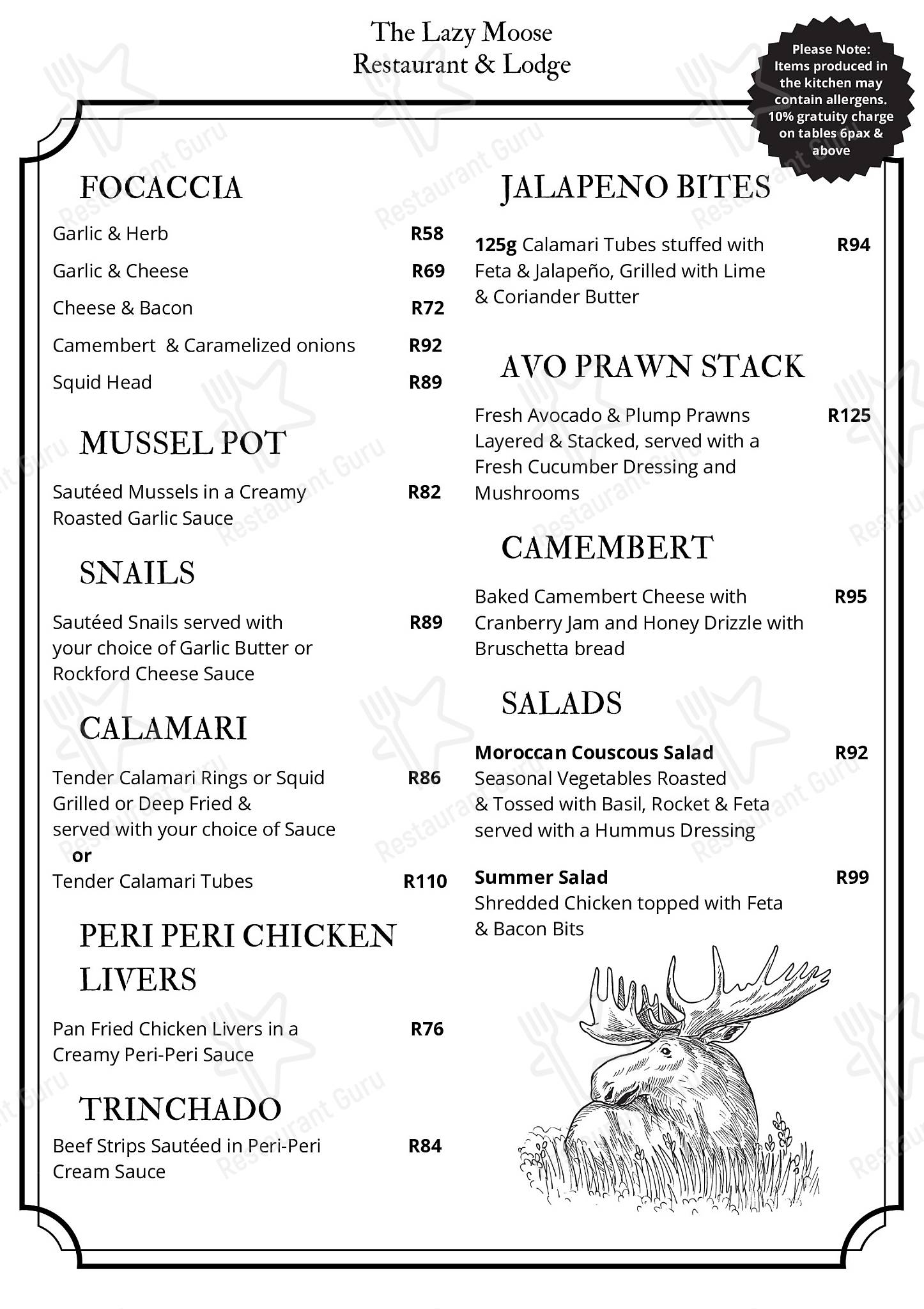 Menu at The Lazy Moose Restaurant & Lodge, Ezembeni