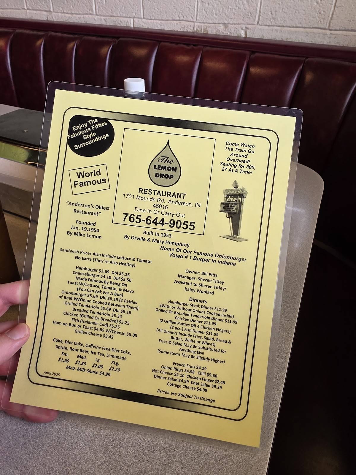 Menu at The Lemon Drop restaurant, Anderson