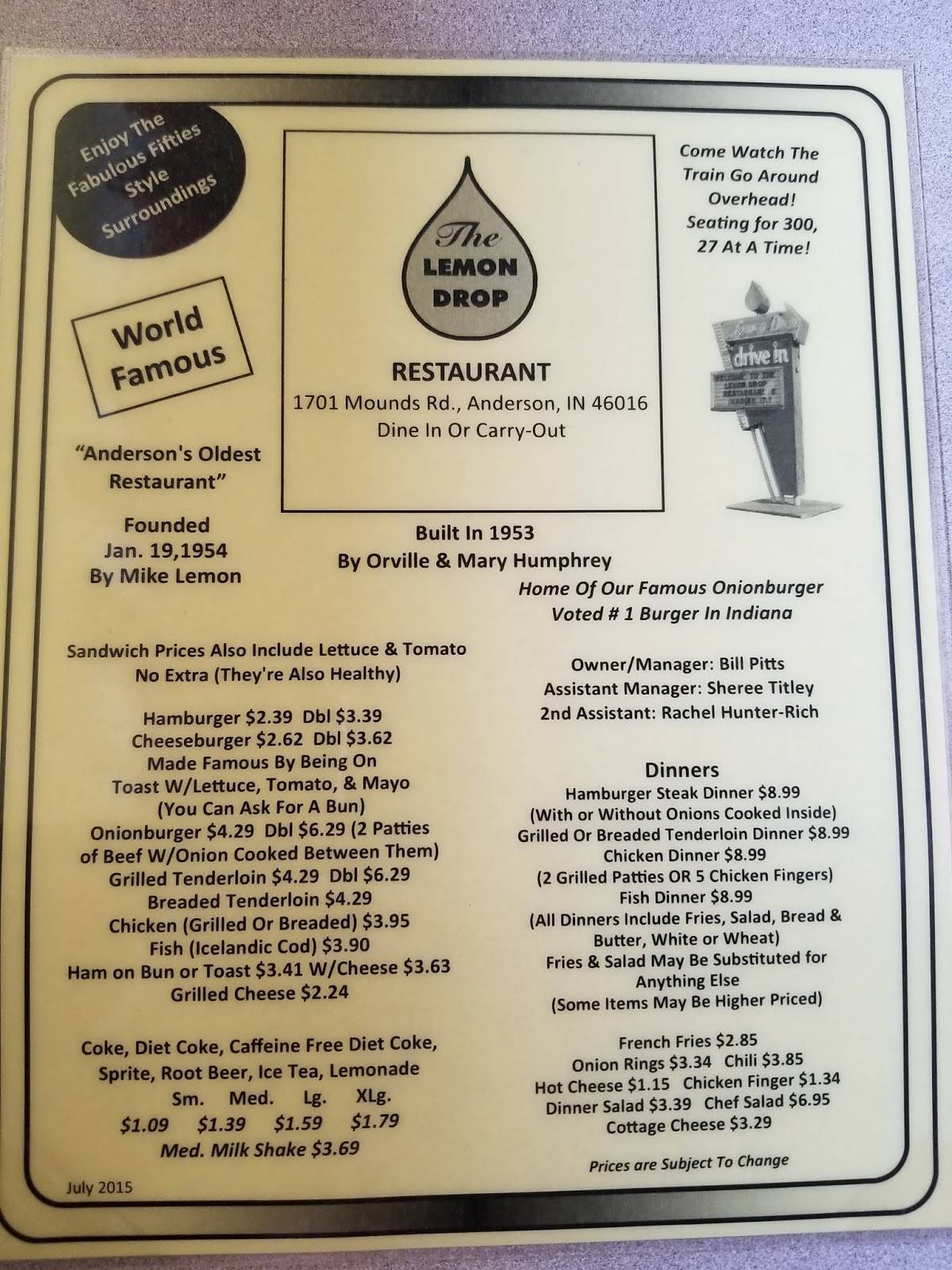 Menu at The Lemon Drop restaurant, Anderson