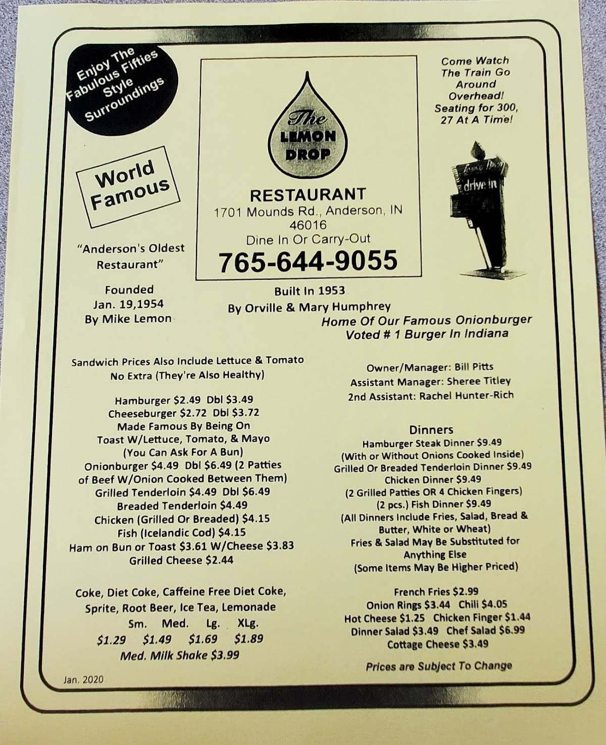 Menu at The Lemon Drop restaurant, Anderson