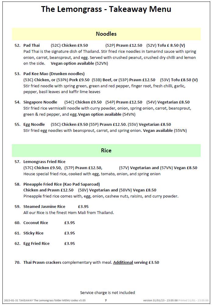 Menu at The Lemongrass, Thai Restaurant Rye, Rye