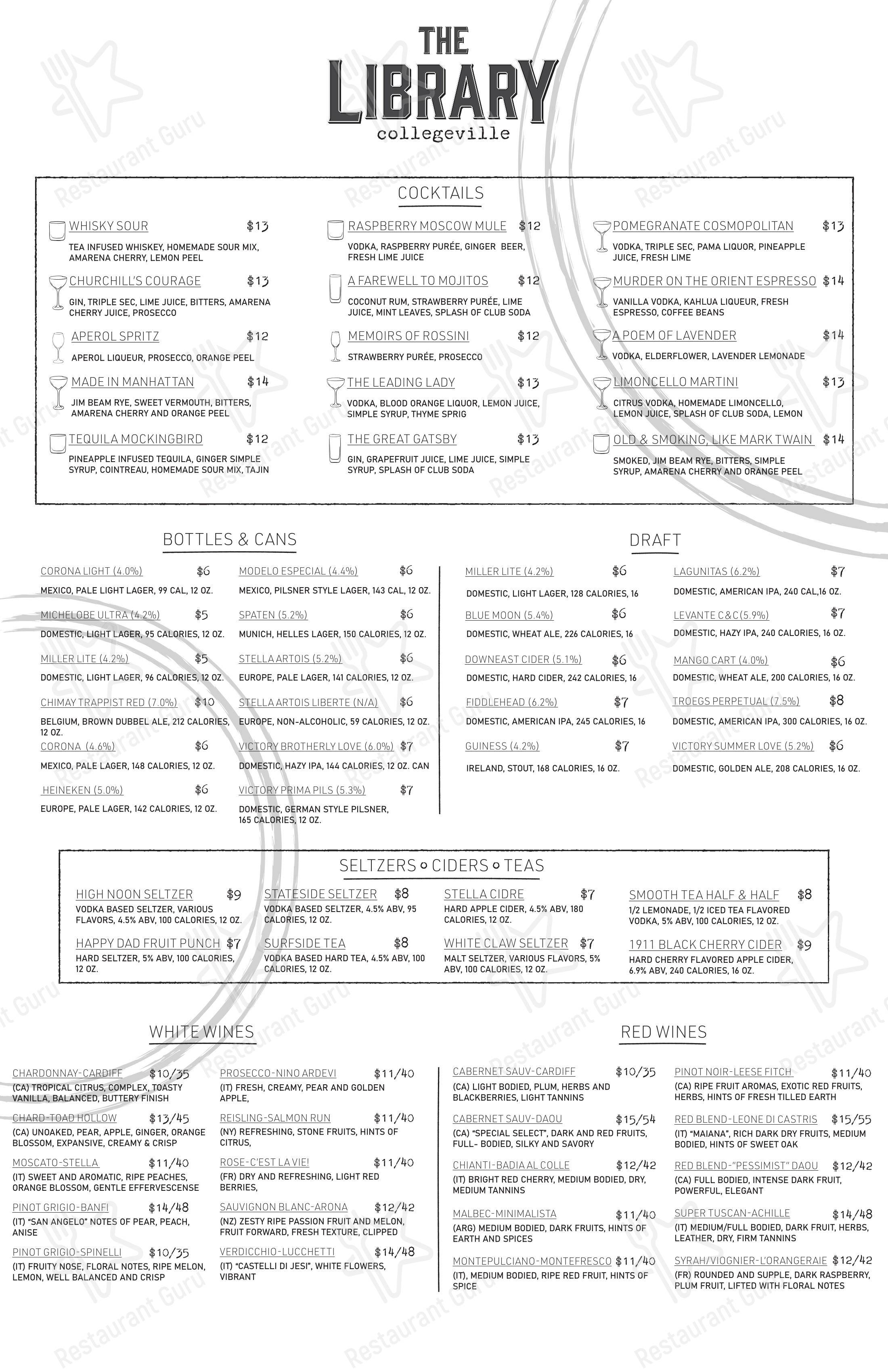 Menu at The Library pub & bar, Collegeville