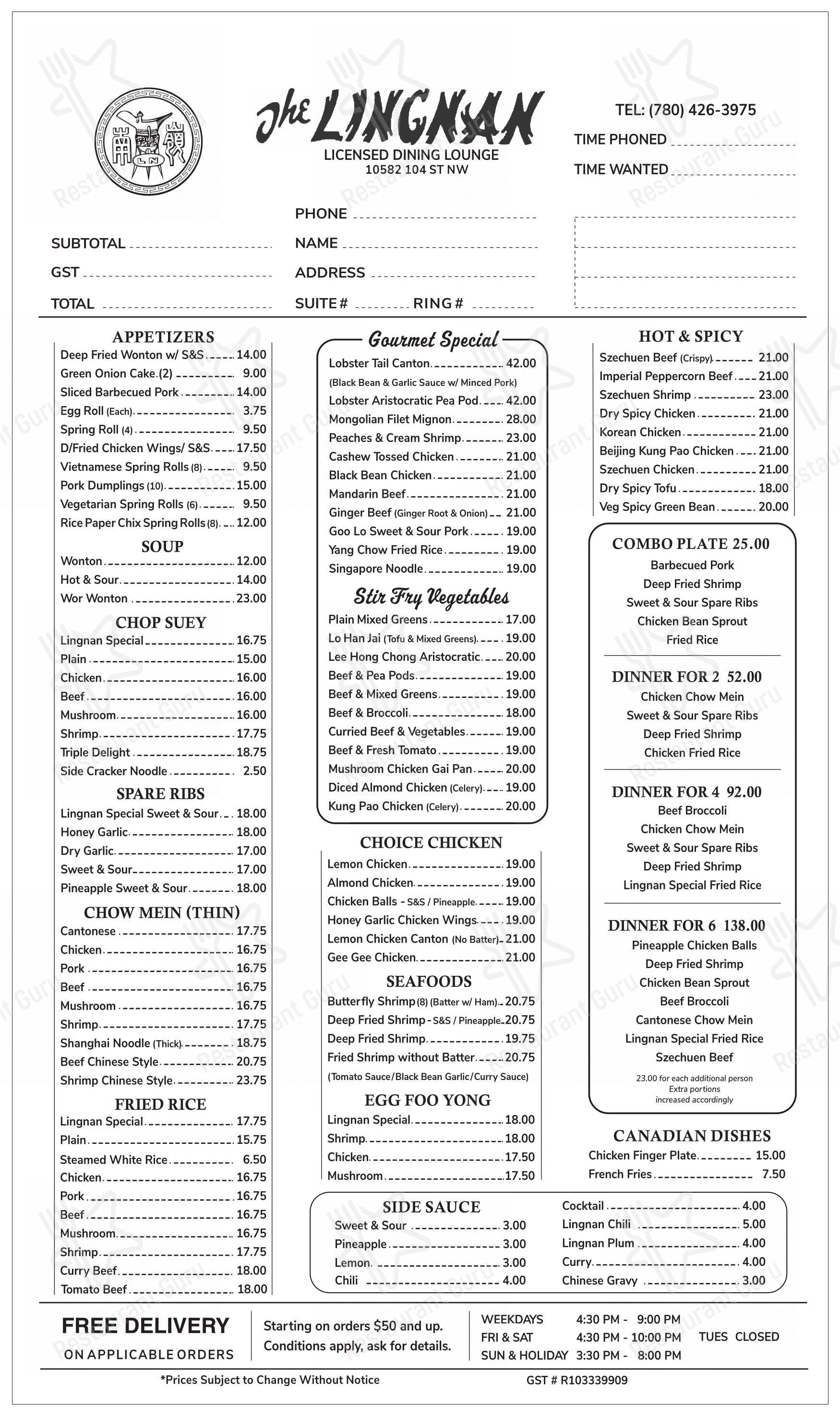 Menu at The Lingnan restaurant, Edmonton
