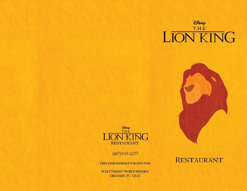 Carta de The Lion King Restaurant, Orlando
