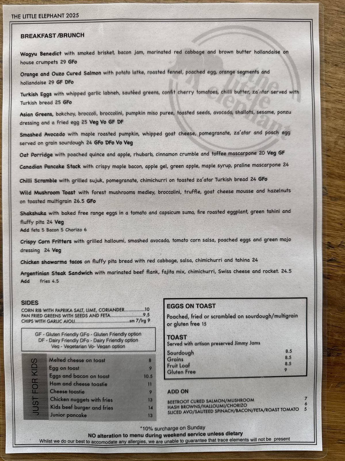 Menu at The Little Elephant restaurant, Highett
