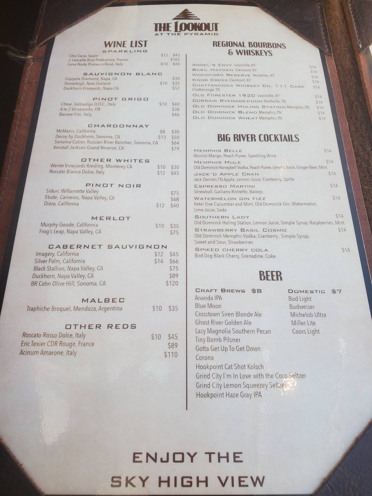 Menu at The Lookout at the Pyramid pub & bar, Memphis