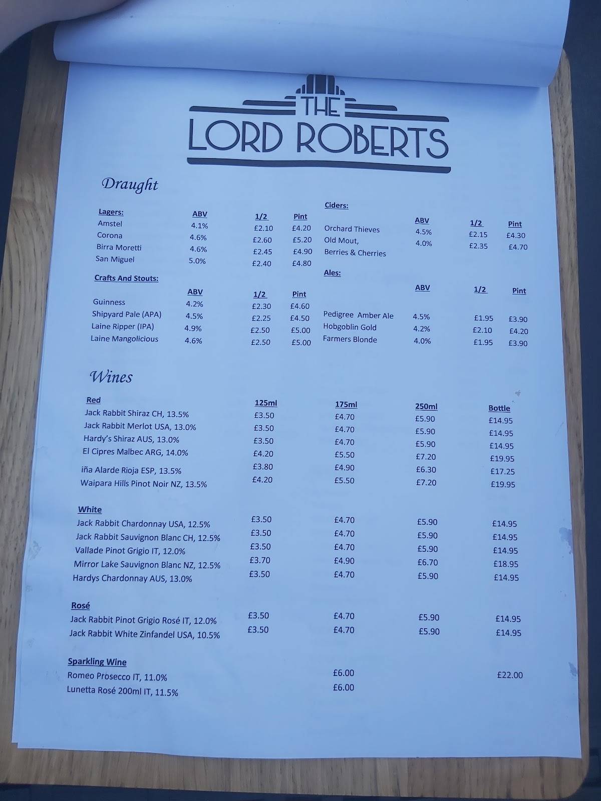 Menu at The Lord Roberts pub & bar, Nottingham, 24 Broad St