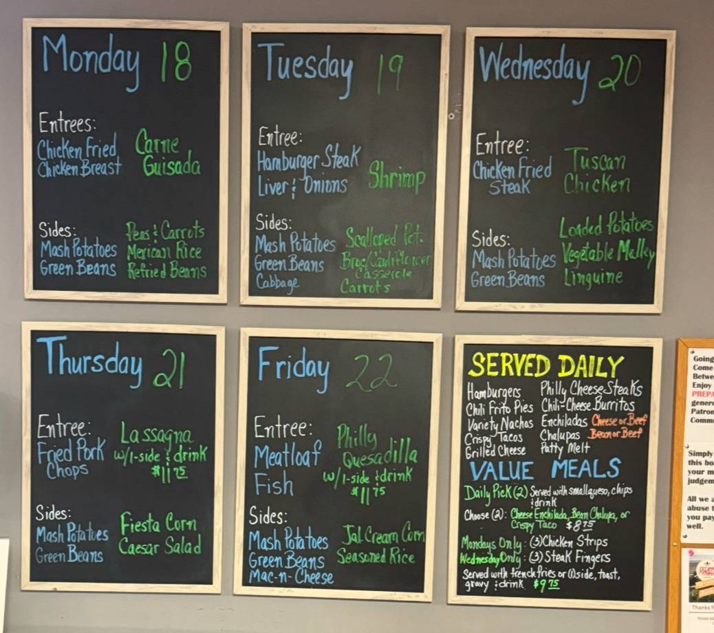 Menu at The Lunch Box cafeteria, Seguin