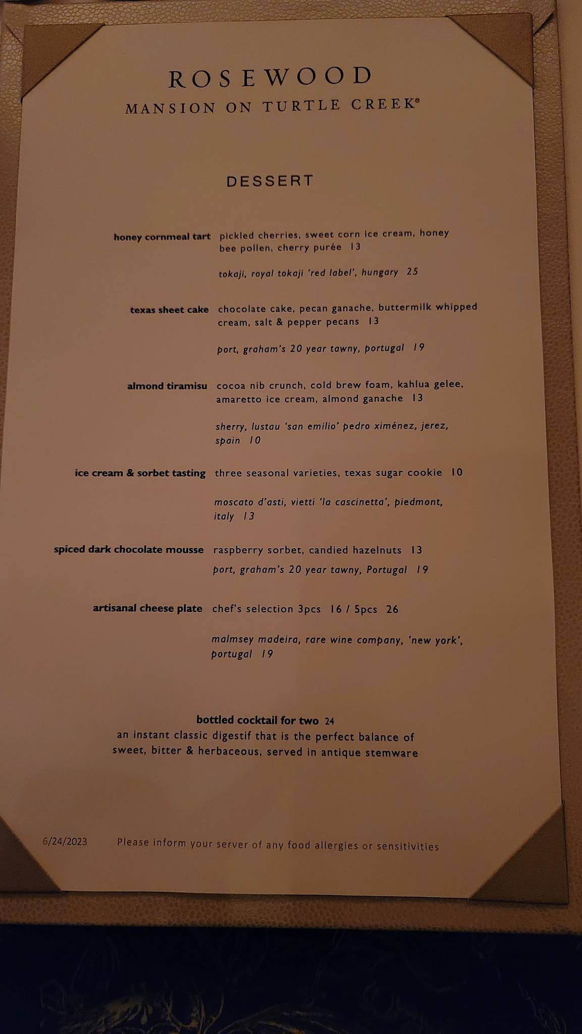 Menu at The Mansion Restaurant, Dallas, Turtle Creek Blvd
