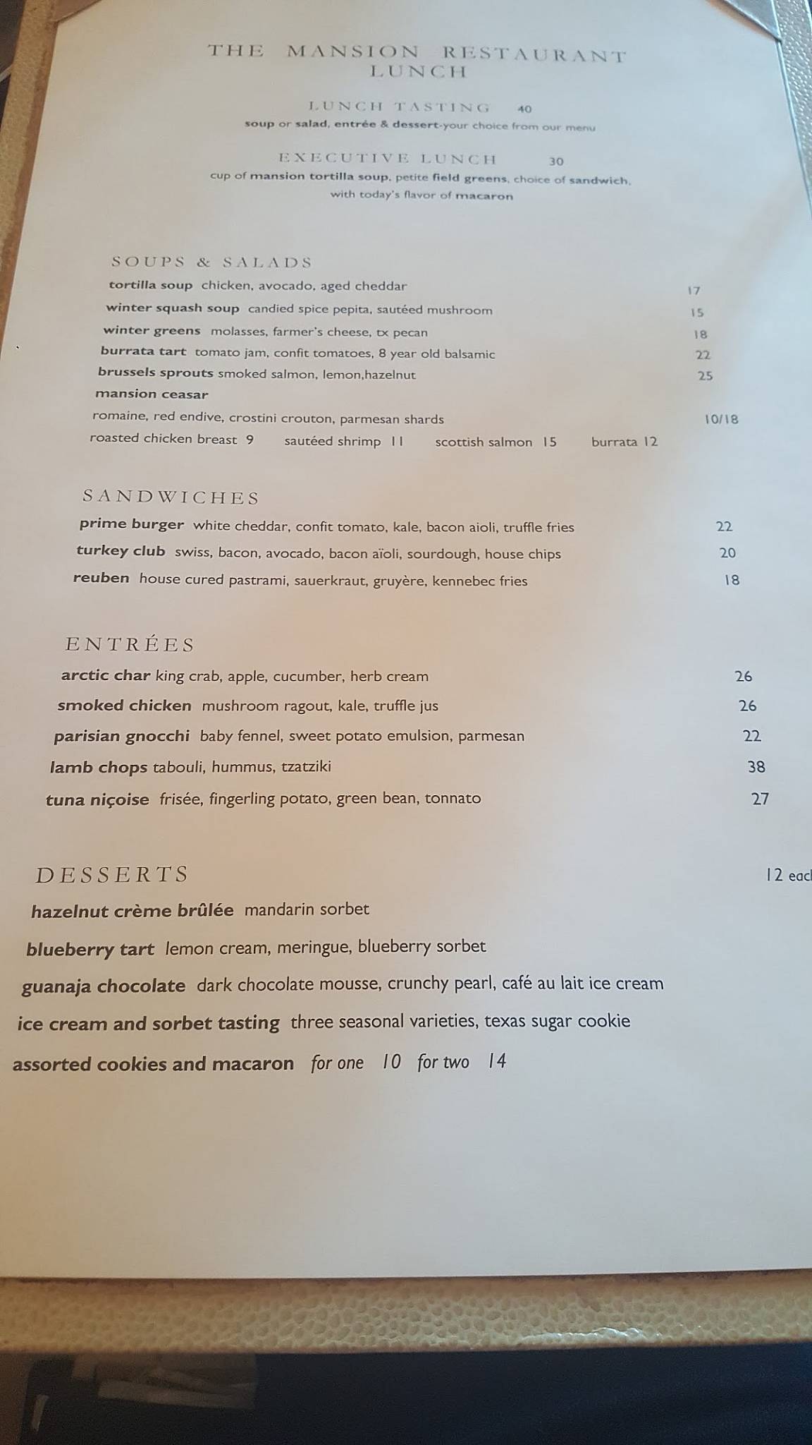 Menu at The Mansion Restaurant, Dallas, Turtle Creek Blvd