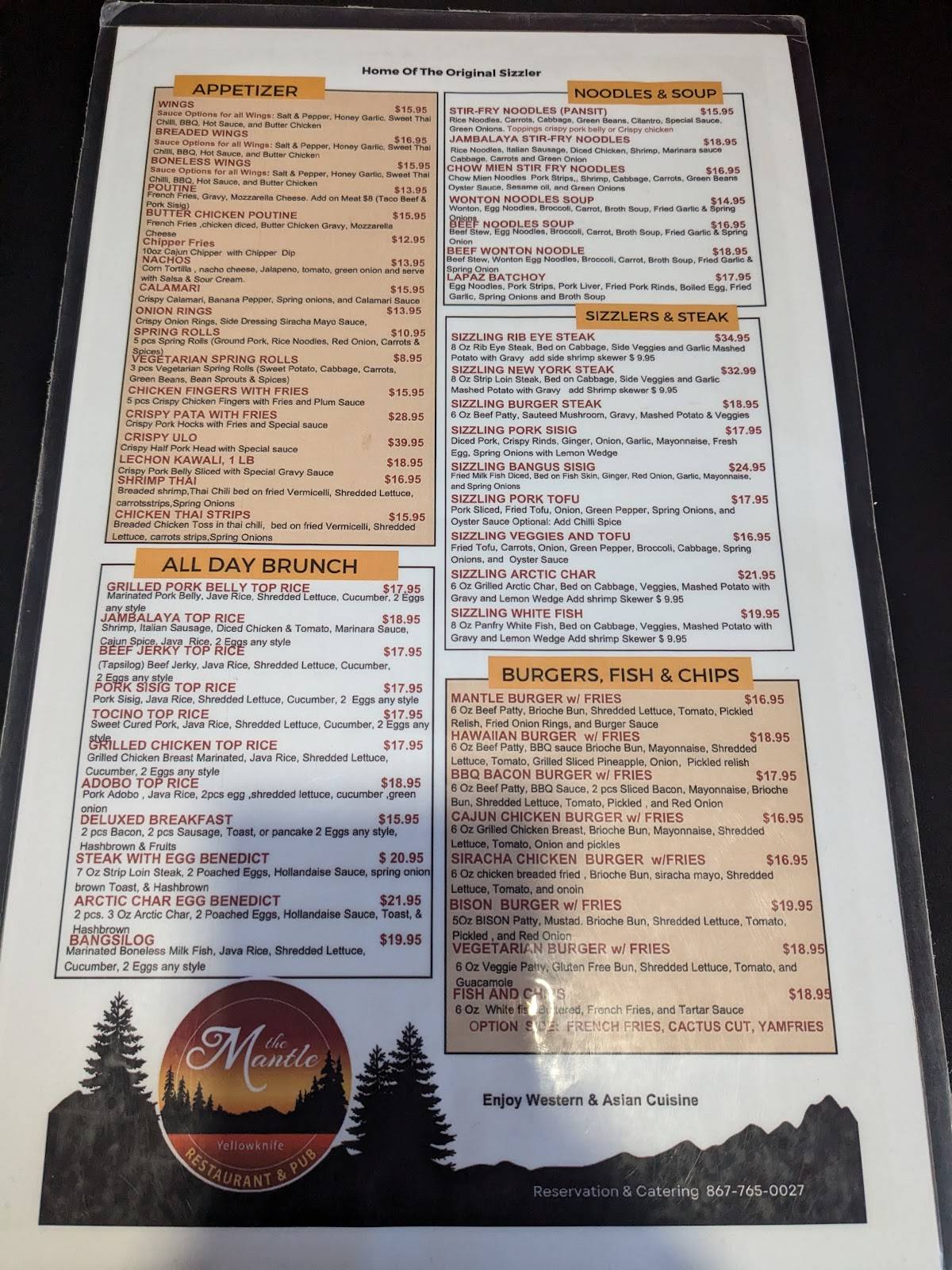 Menu at The Mantle restaurant, Yellowknife