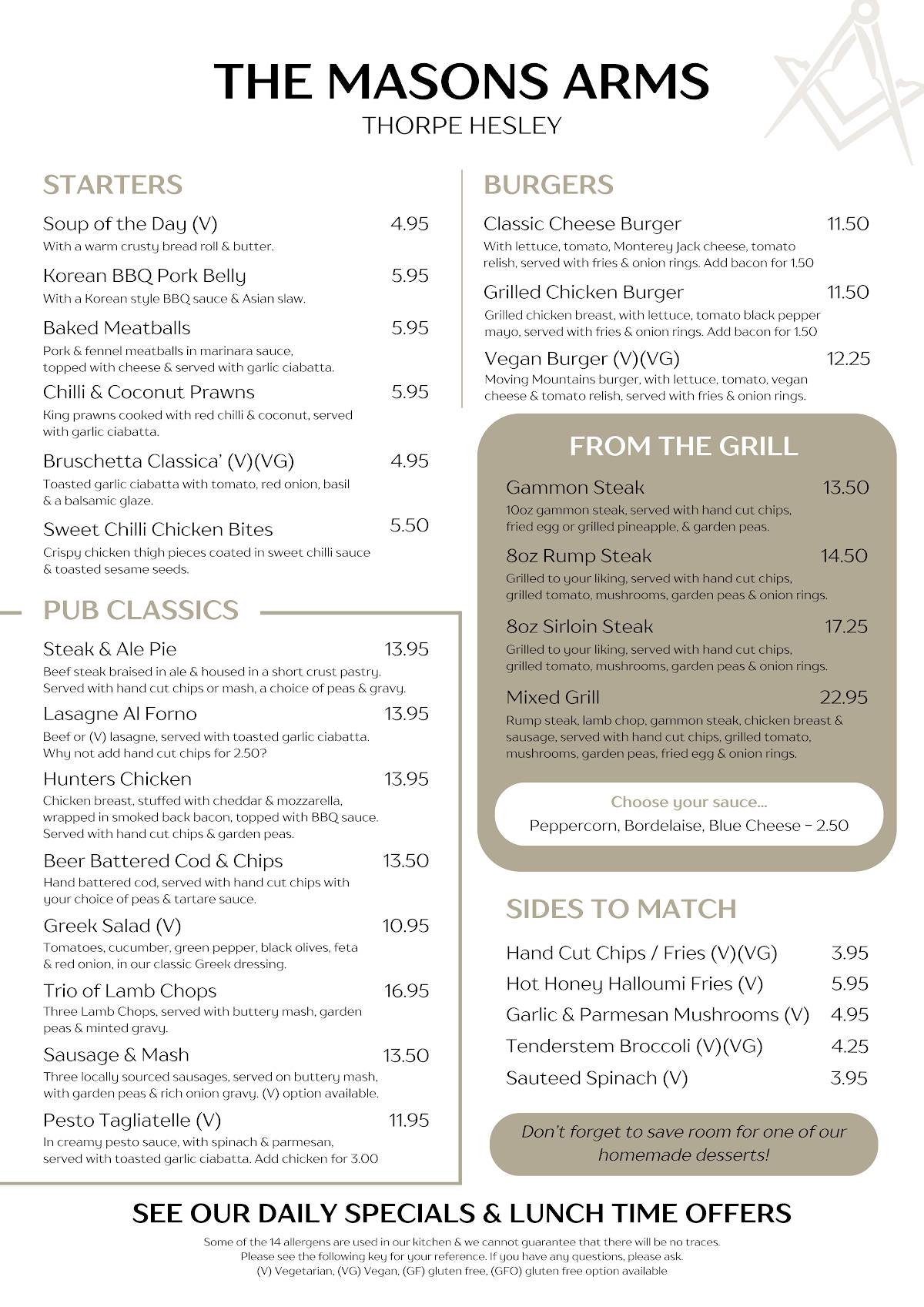 Menu at The Masons Arms pub & bar, Rotherham, 106 Thorpe St