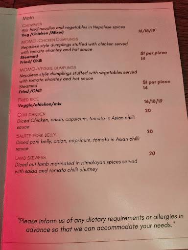 Menu at The Maya Lounge restaurant, Sydney