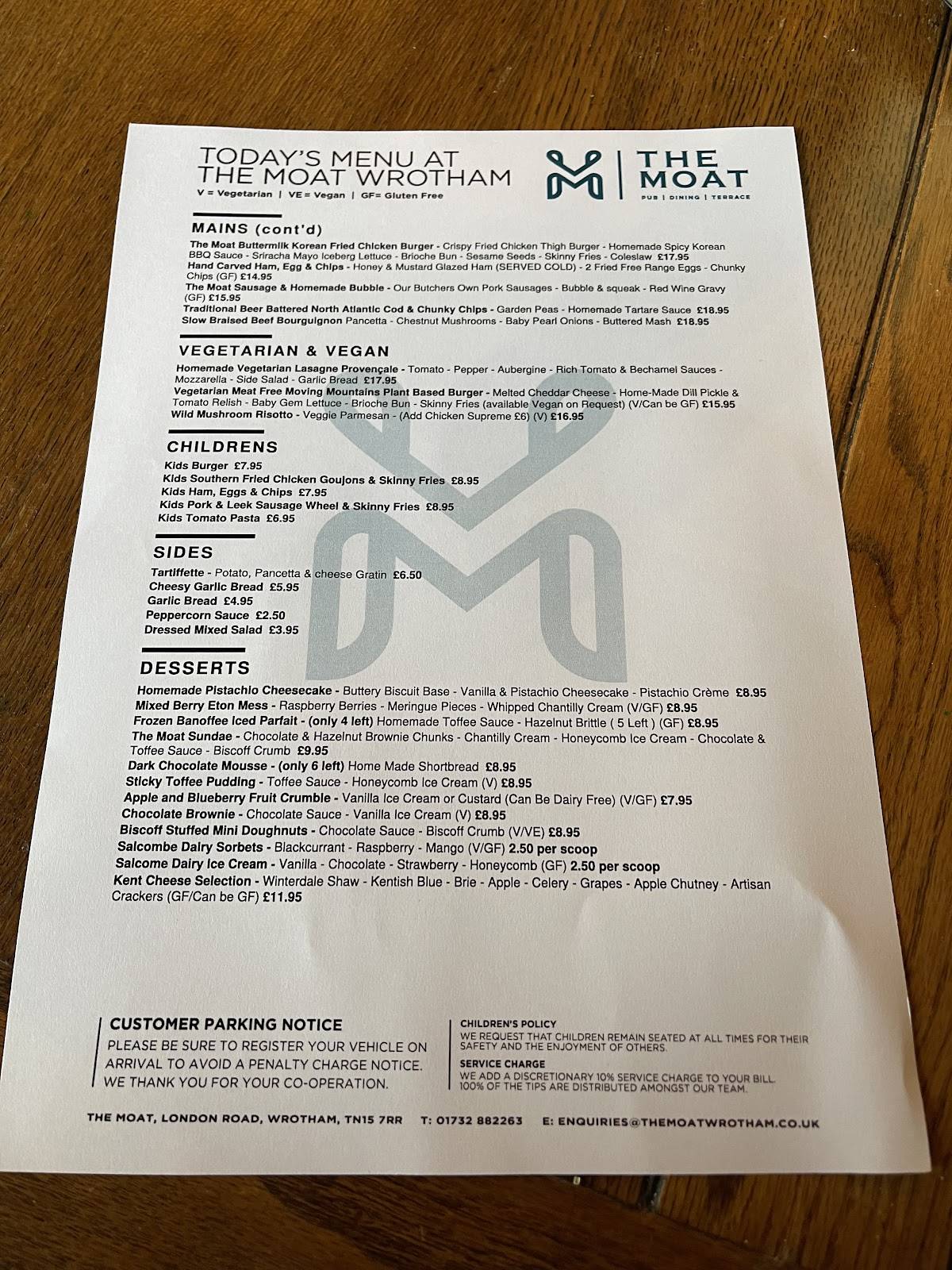 Menu at The Moat pub & bar, Wrotham