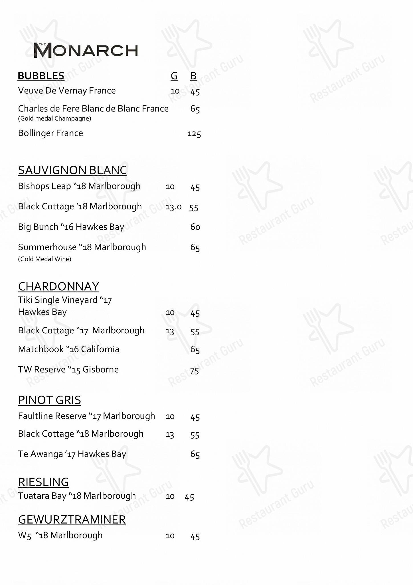 Menu at The Monarch cafe, Pukekohe