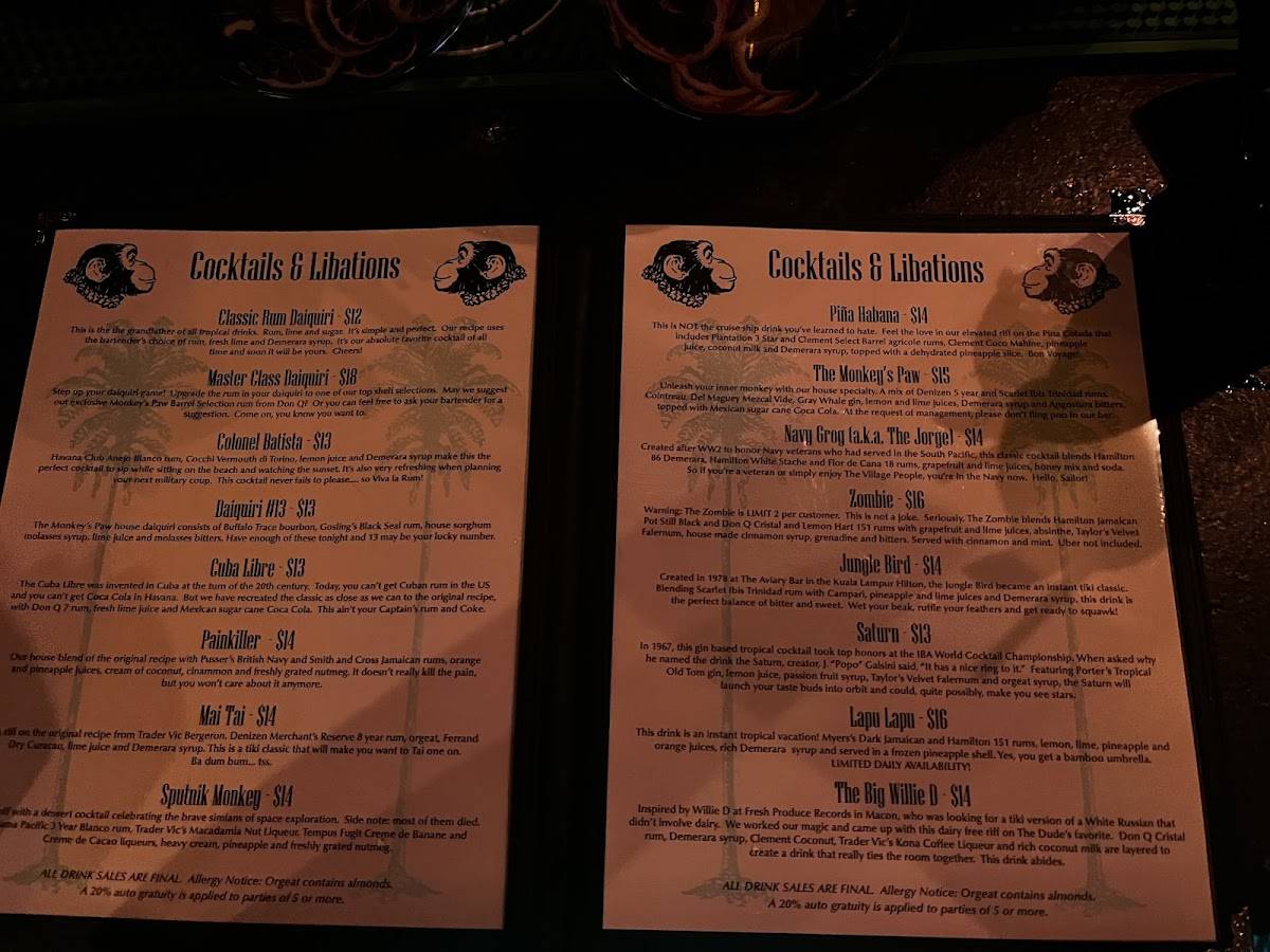 Menu at The Monkey's Paw Tiki Lounge pub & bar, Macon