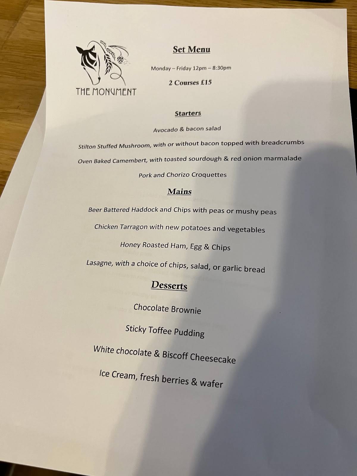 Menu at The Monument pub & bar, Whitstable