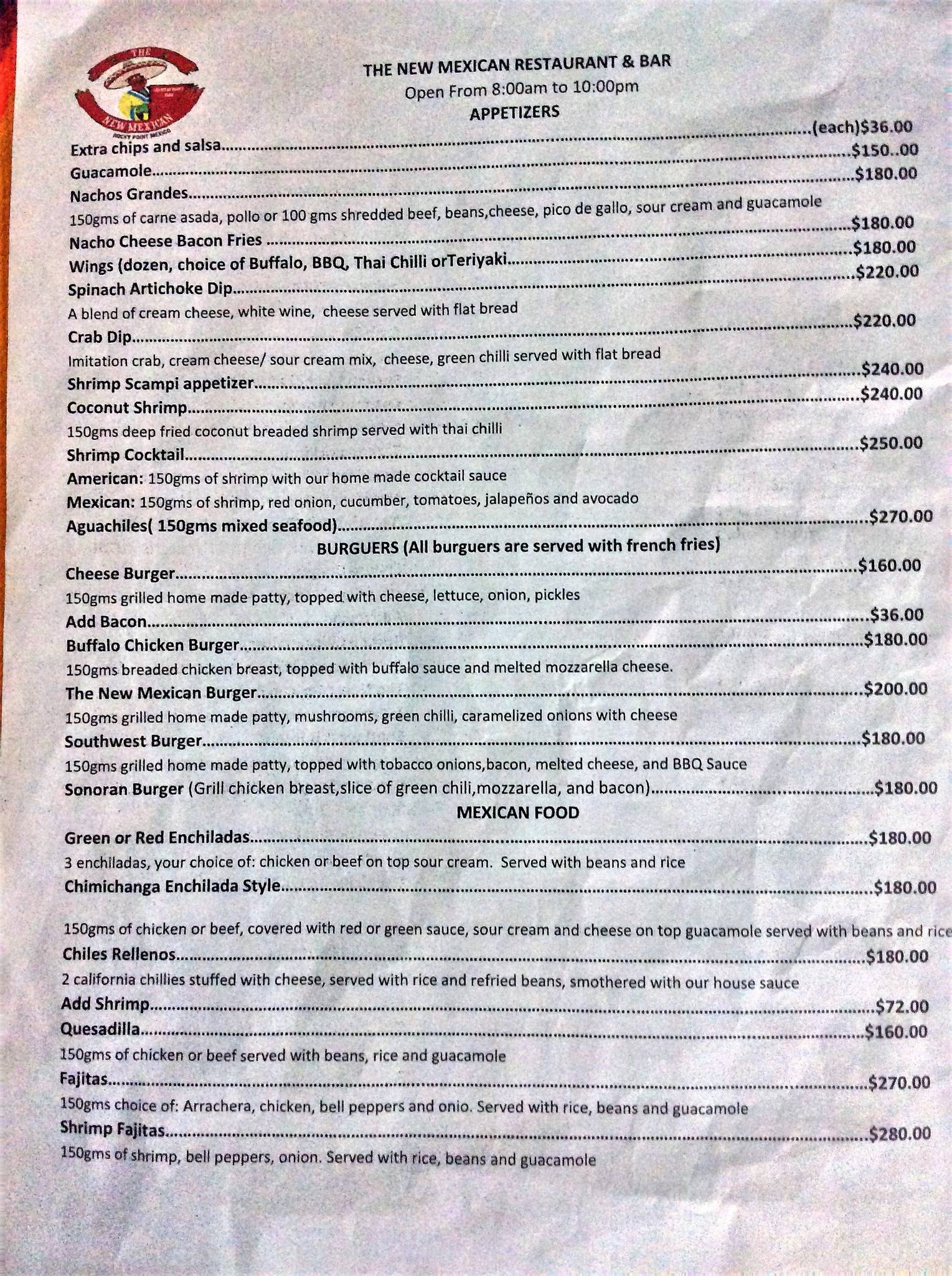 Menu at The New Mexican steakhouse, Puerto Peñasco