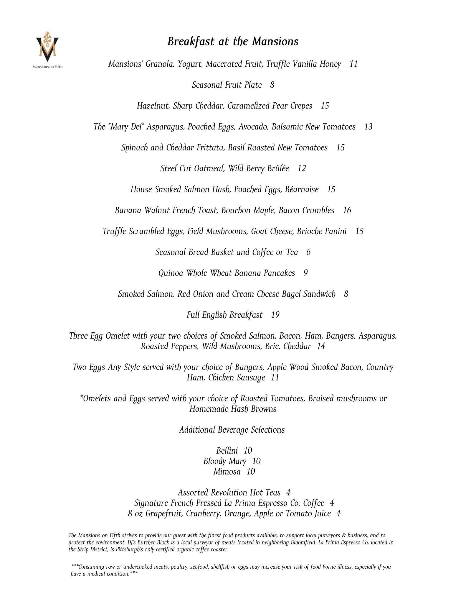 Menu at The Oak Room pub & bar, Pittsburgh