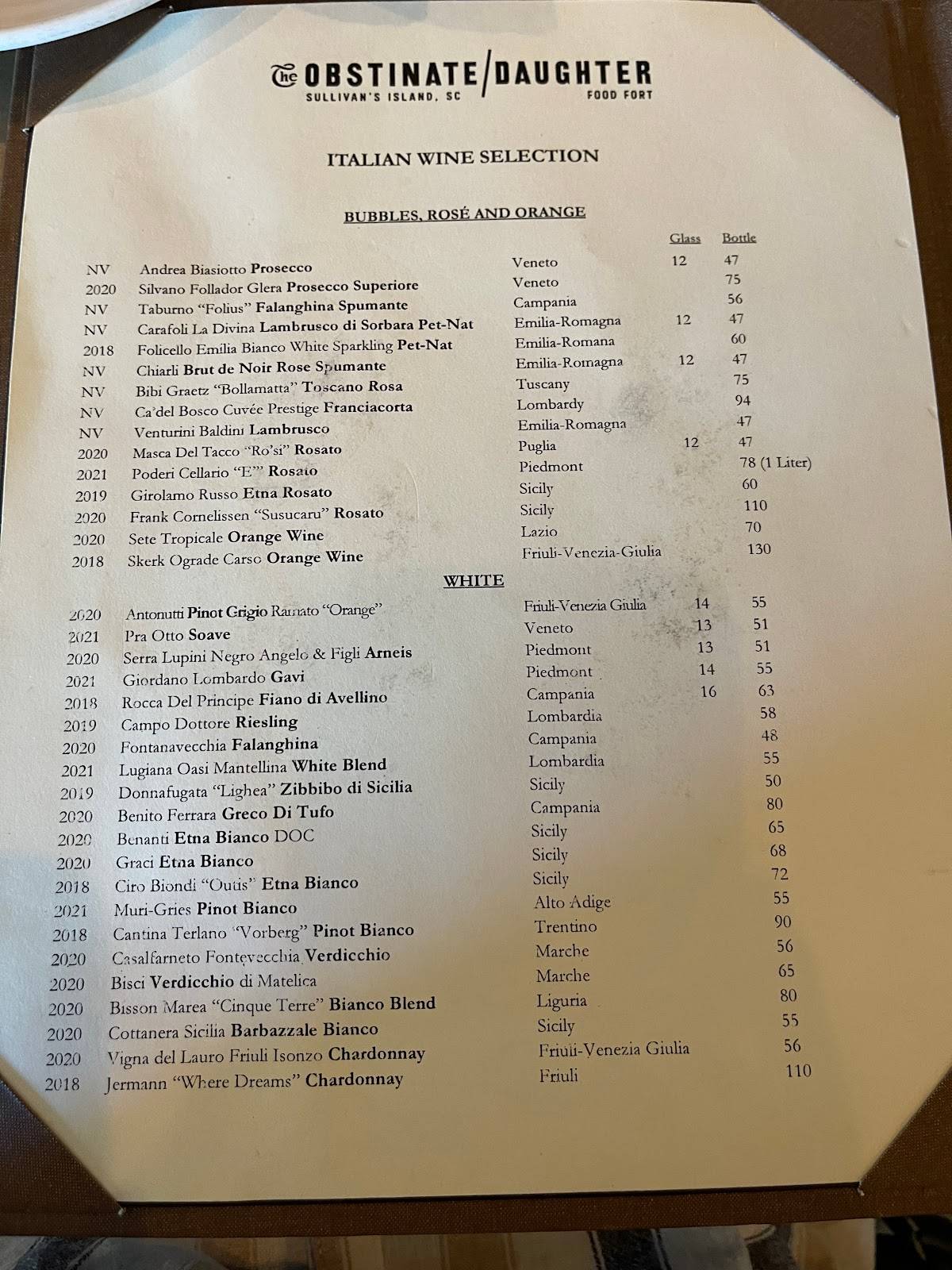 Menu at The Obstinate Daughter pizzeria, Sullivan's Island