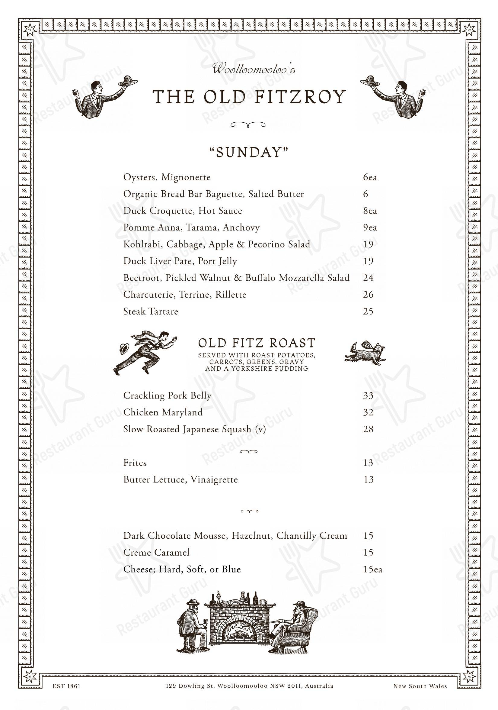 Carta del pub y bar The Old Fitzroy Hotel, Woolloomooloo