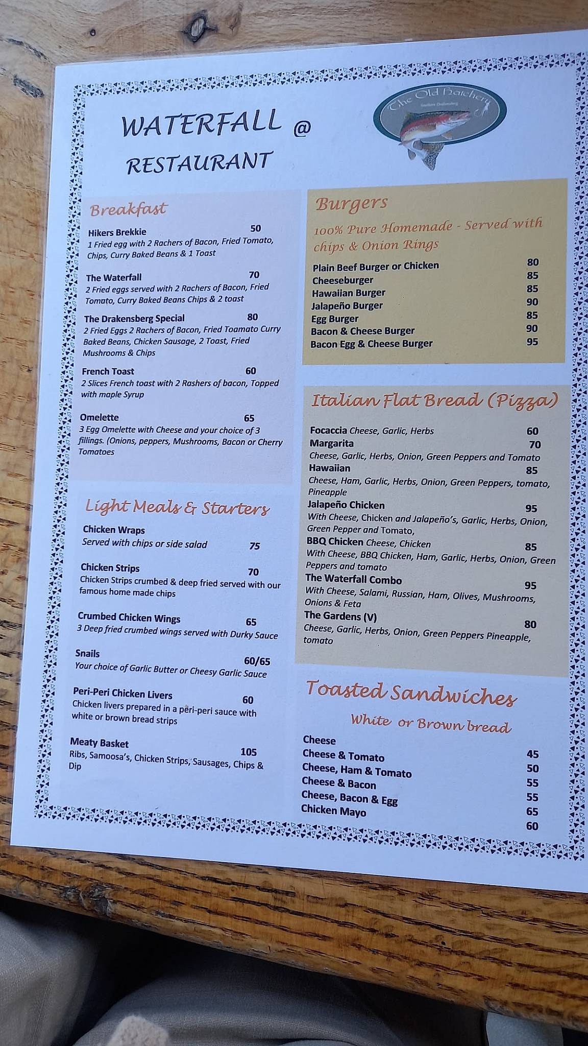 Menu at The Old Hatchery & Waterfall Restaurant, Underberg