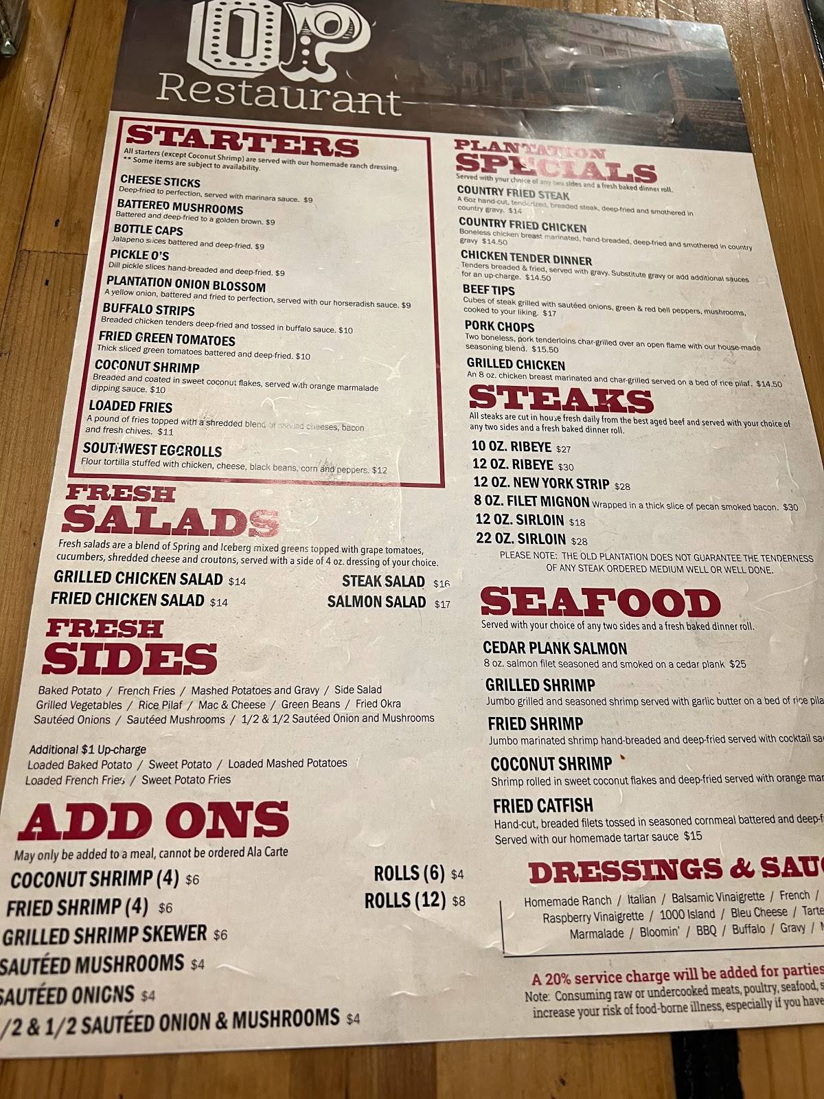 Menu at The Old Plantation Restaurant, Medicine Park
