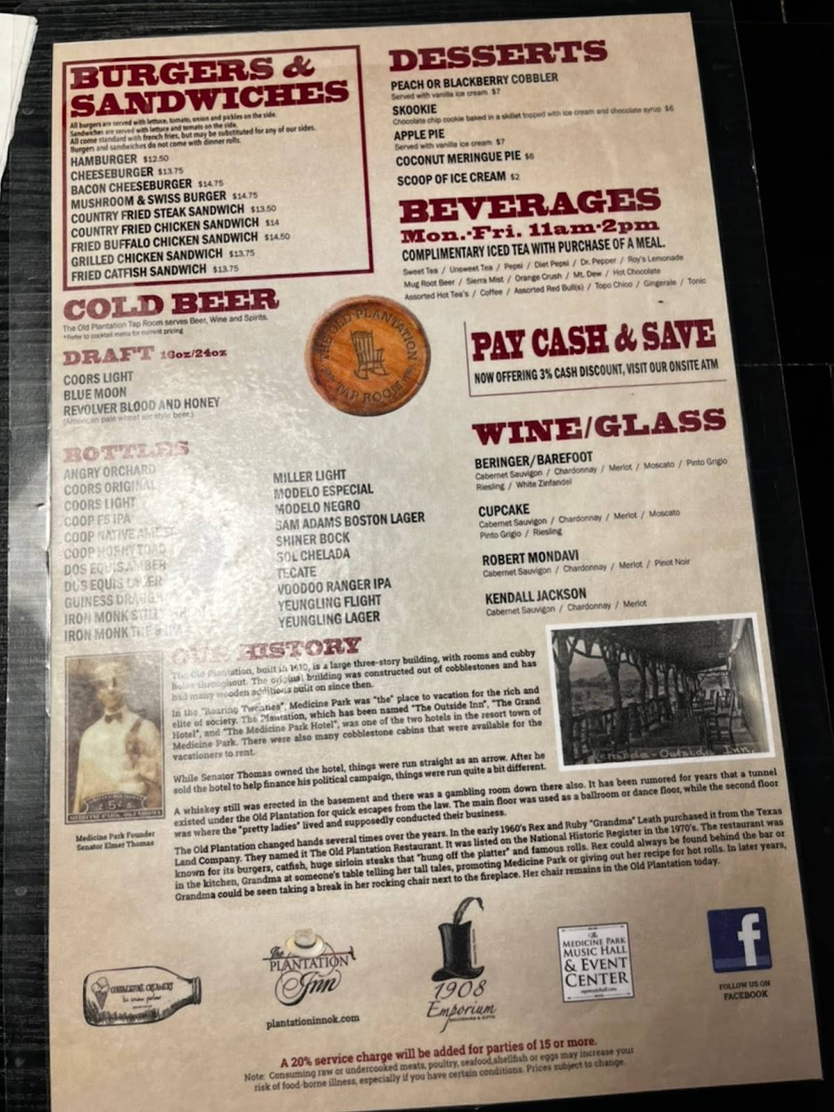 Menu at The Old Plantation Restaurant, Medicine Park