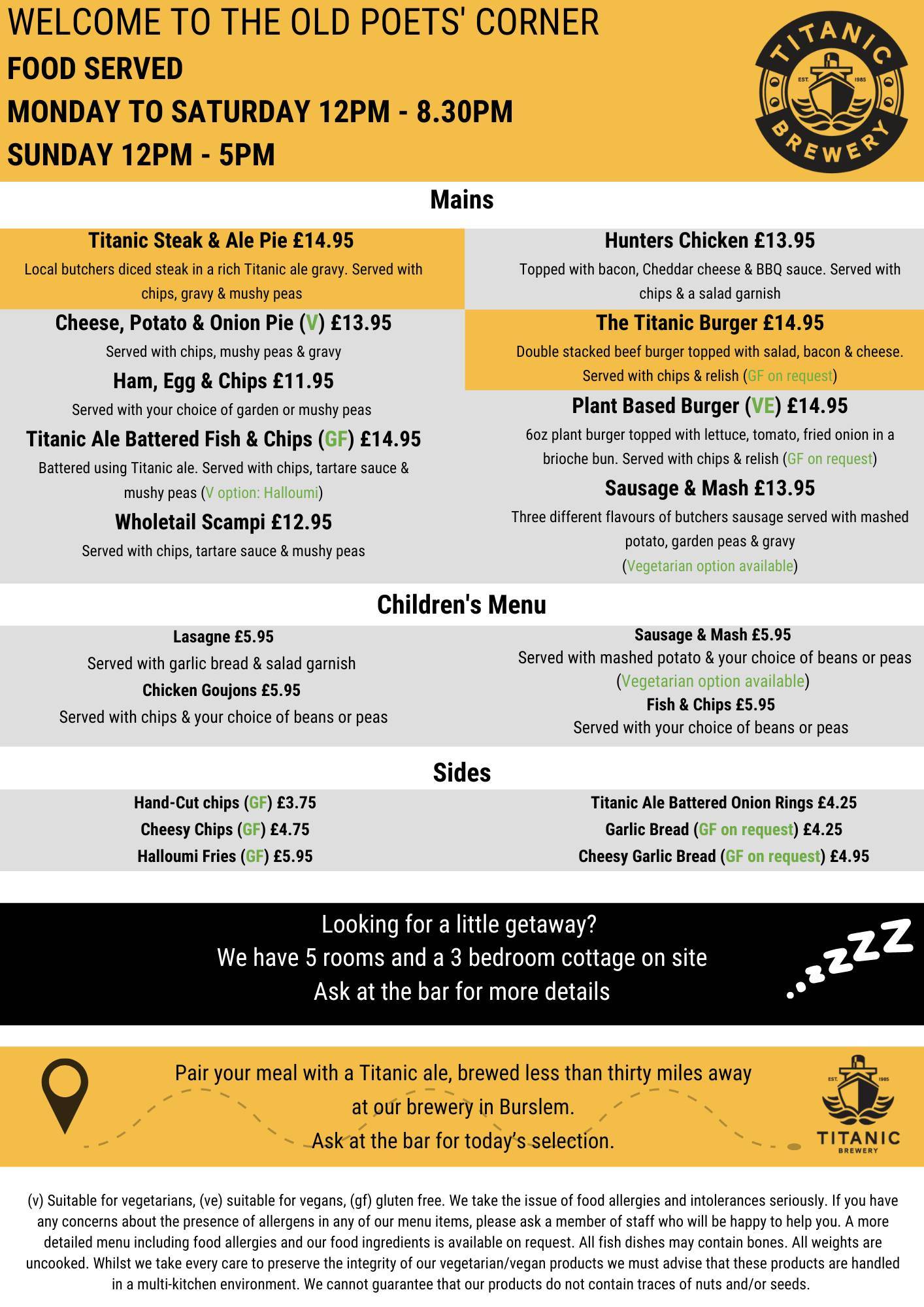 Menu at The Old Poets Corner. pub & bar, Ashover