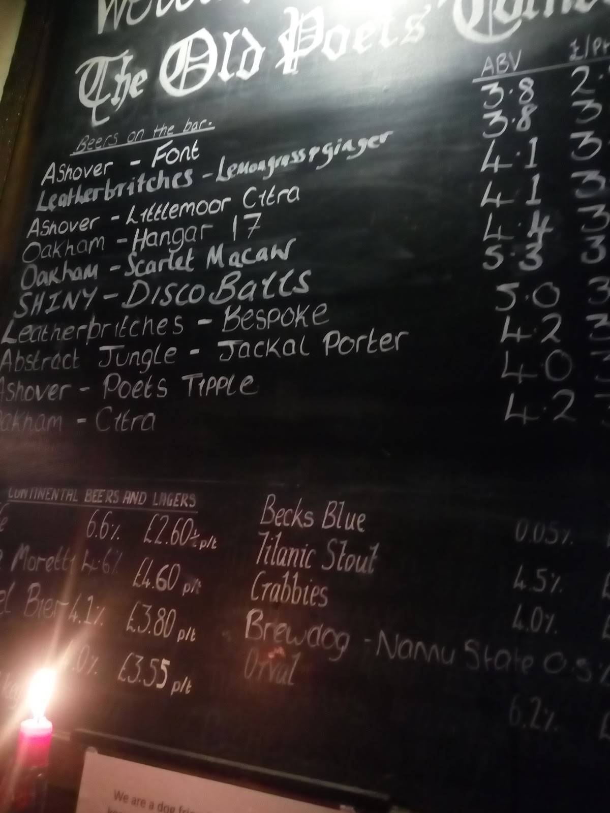 Menu at The Old Poets Corner. pub & bar, Ashover