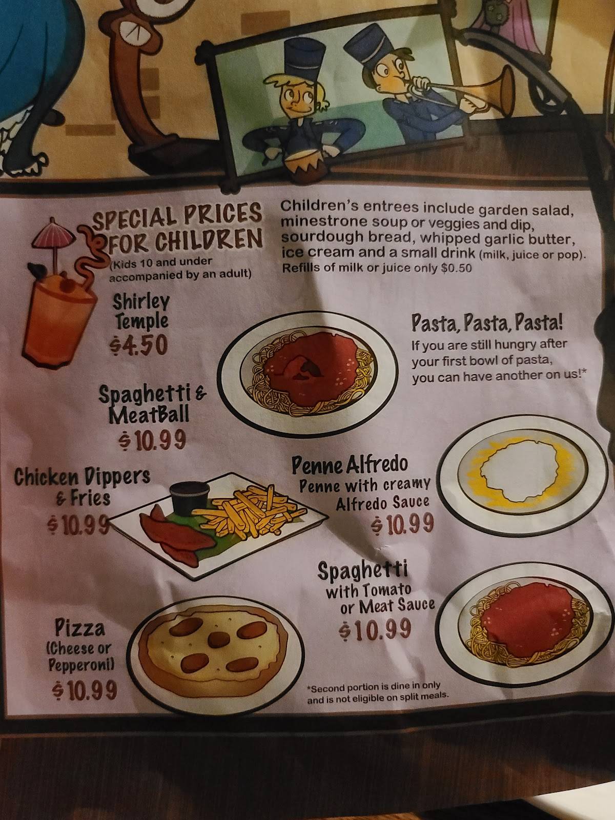 Menu at The Old Spaghetti Factory restaurant, Toronto, 54 The Esplanade