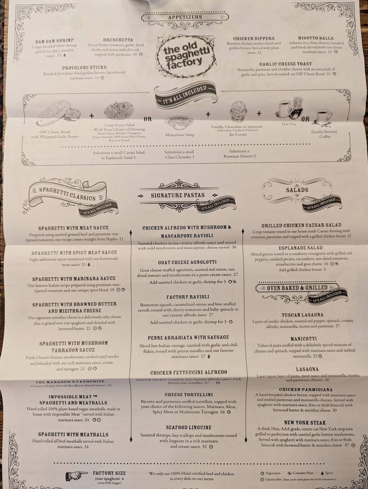 Menu at The Old Spaghetti Factory restaurant, Toronto, 54 The Esplanade