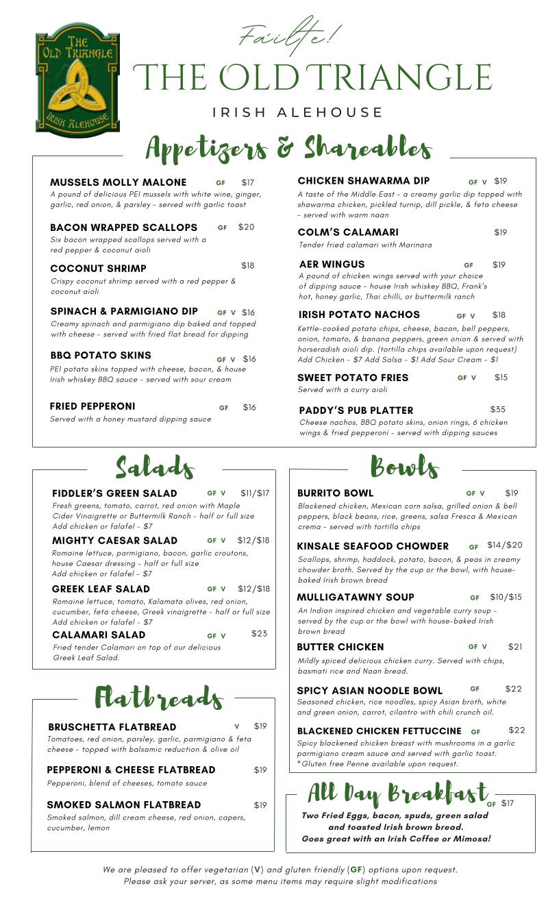 Menu at The Old Triangle pub & bar, Charlottetown