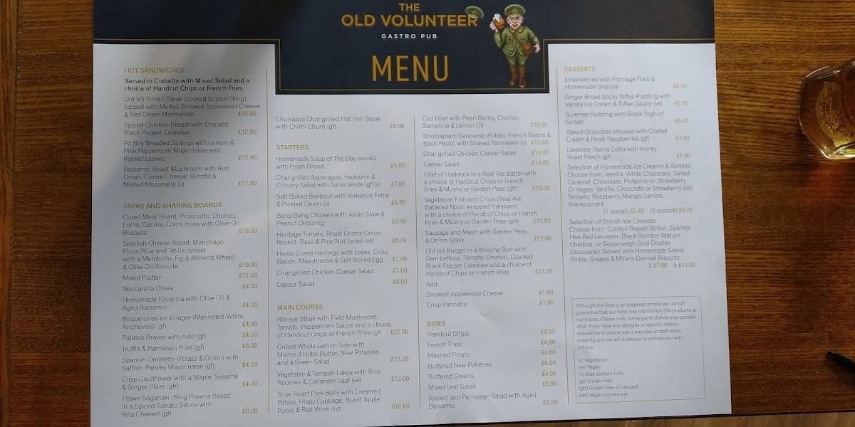 Menu at The Old Vol pub & bar, Lowdham