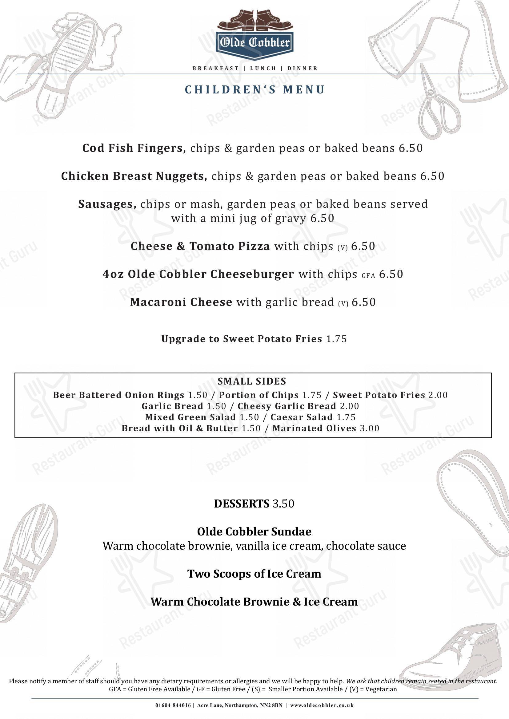 Menu at The Olde Cobbler restaurant, Northampton