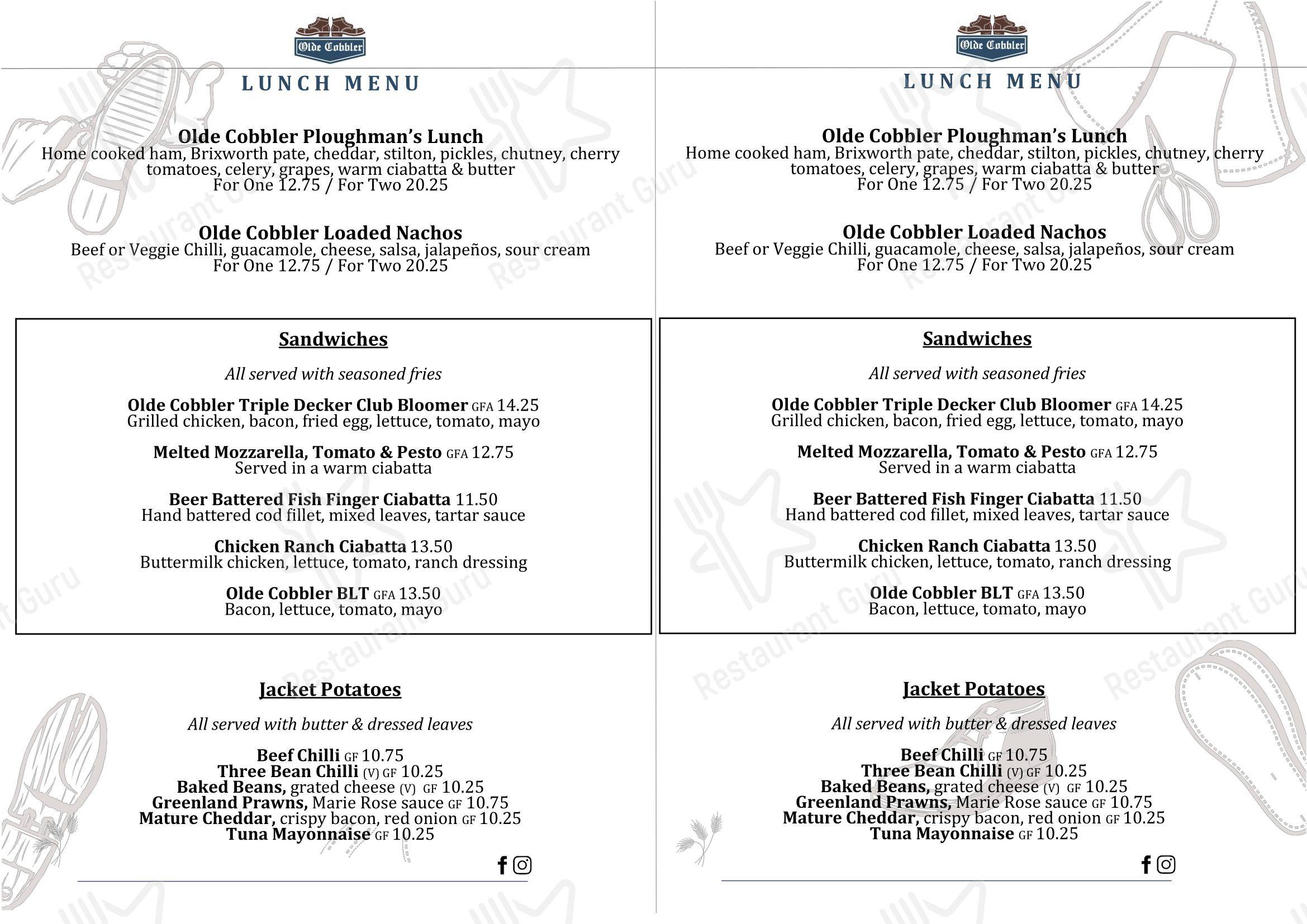 Menu at The Olde Cobbler restaurant, Northampton