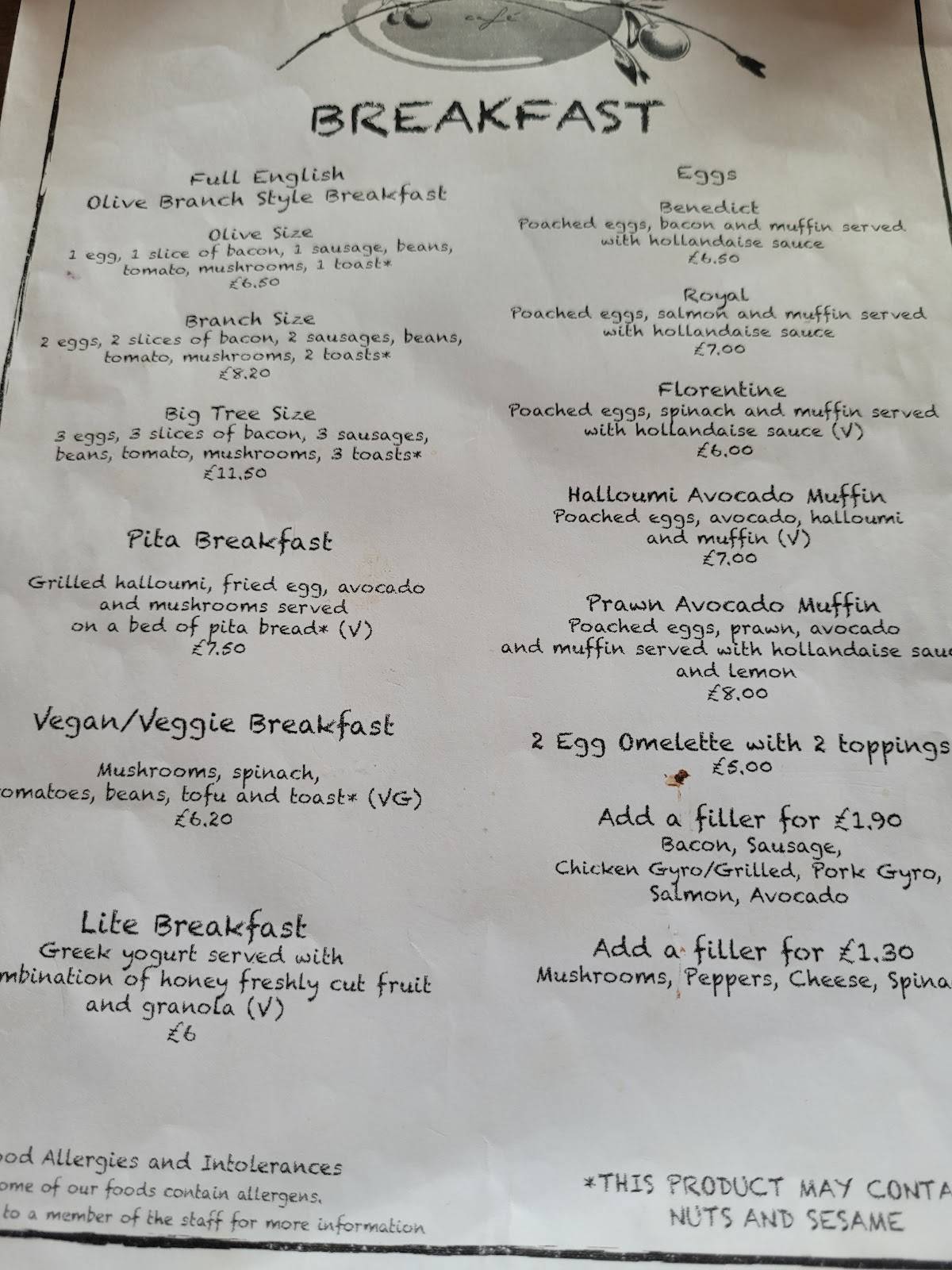 Menu at The Olive Branch Cafe, Ashby-de-la-Zouch