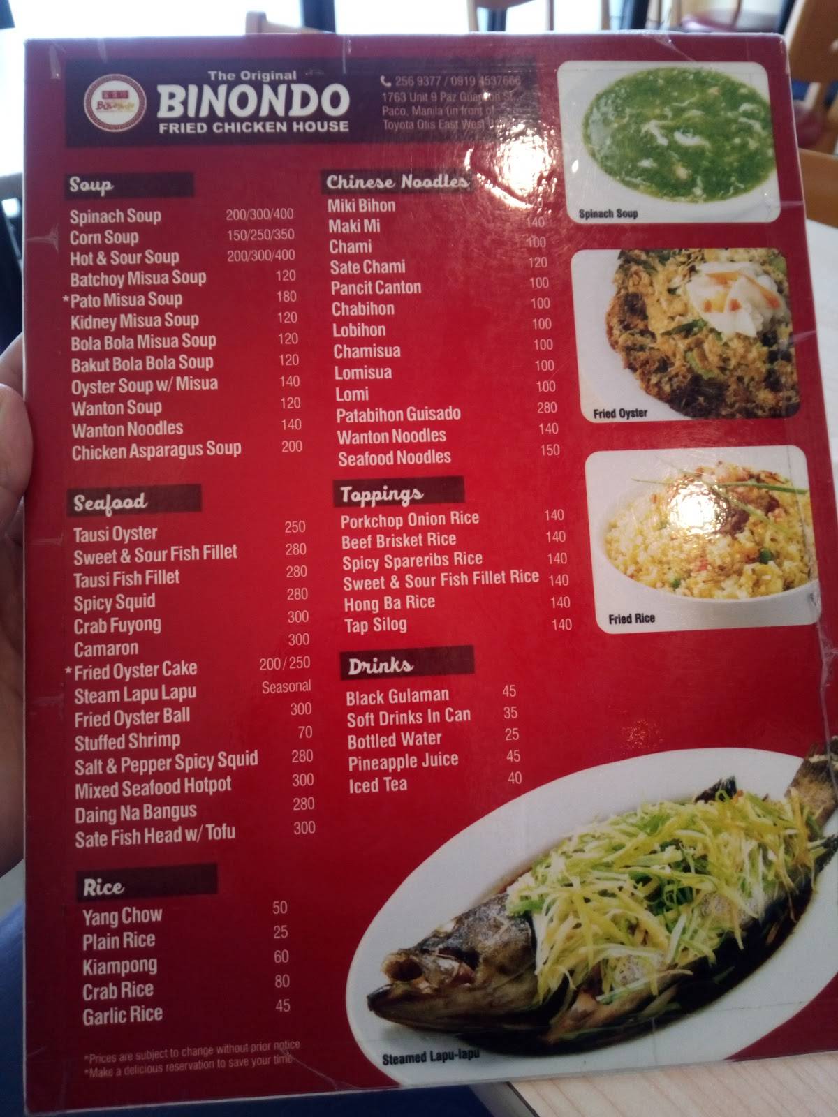 Menu at The Original Chicken Fandian restaurant, Manila, Paz Guanzon Street