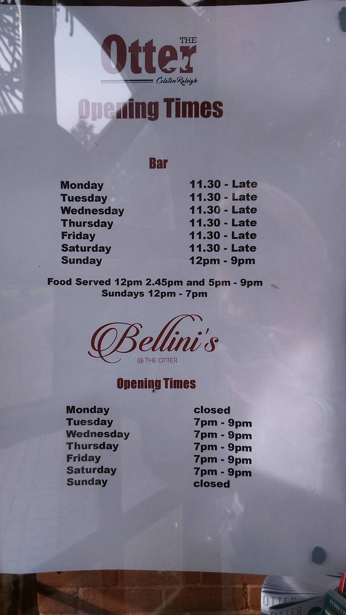 Menu at The Otter Inn, Colaton Raleigh pub & bar, Newton Poppleford