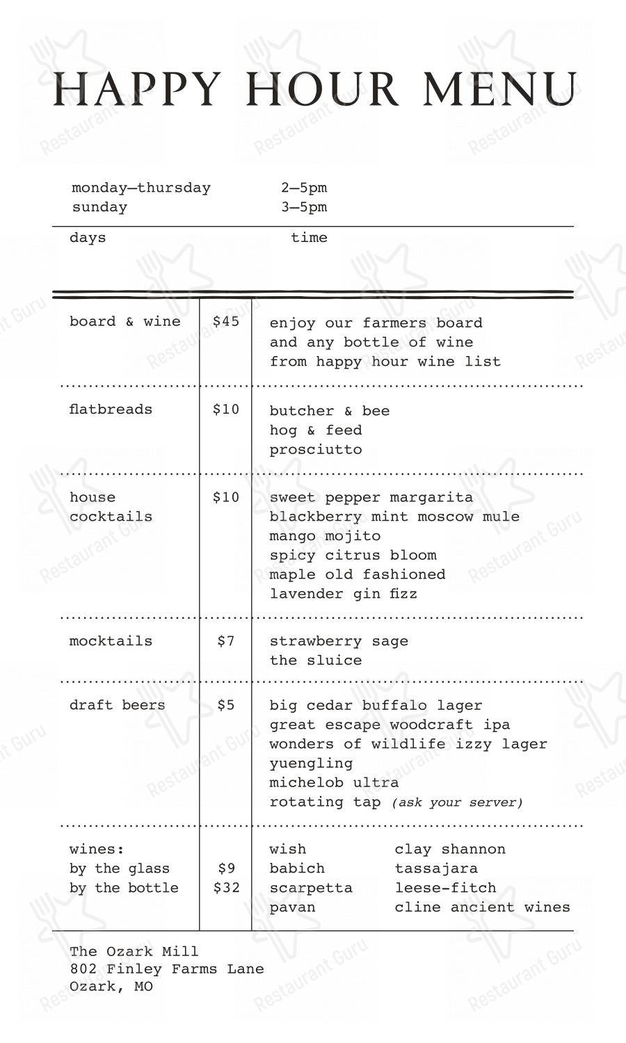 Menu at The Ozark Mill Restaurant at Finley Farms, Ozark