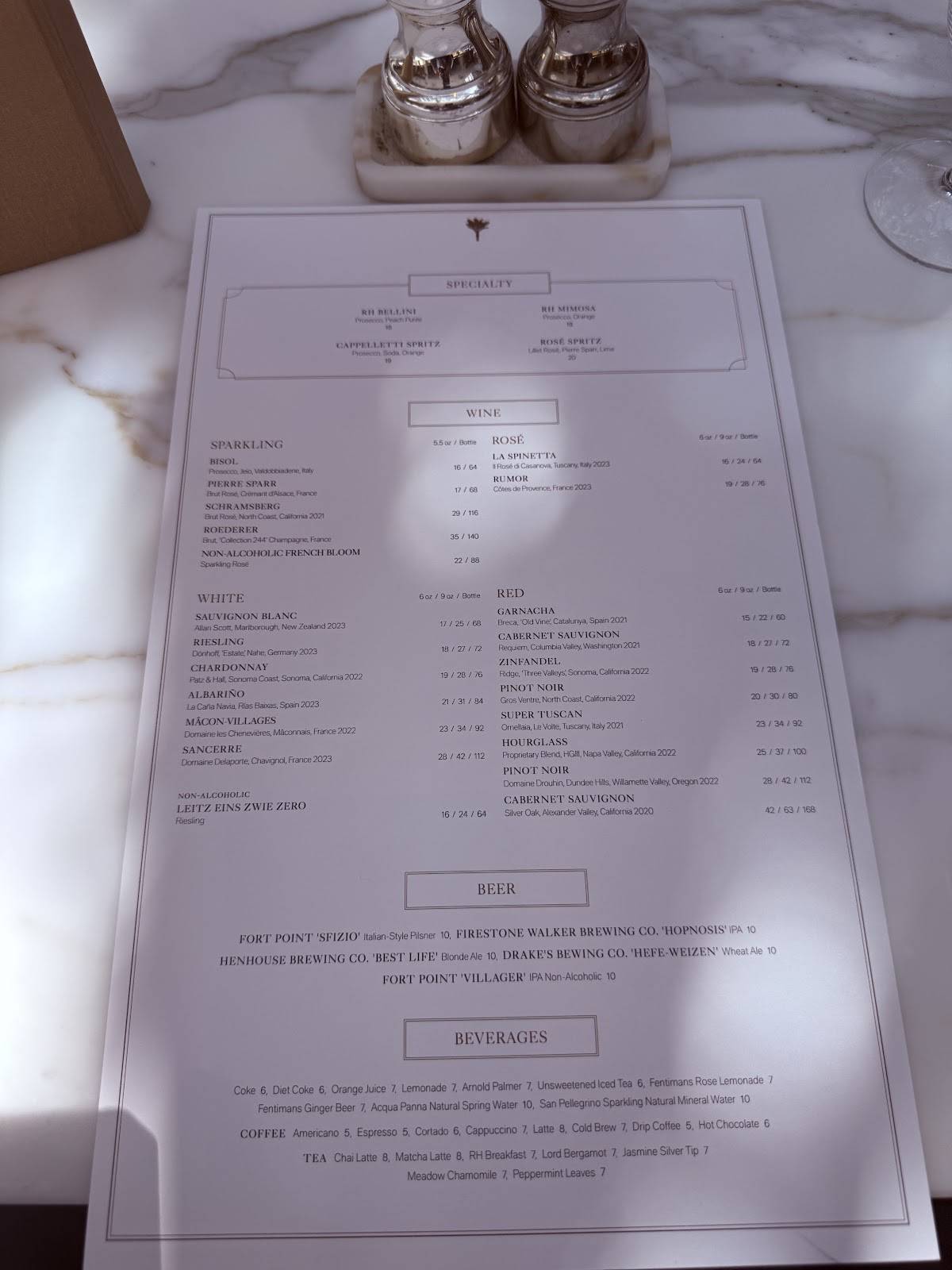 Menu at The Palm Court at RH San Francisco restaurant, San Francisco