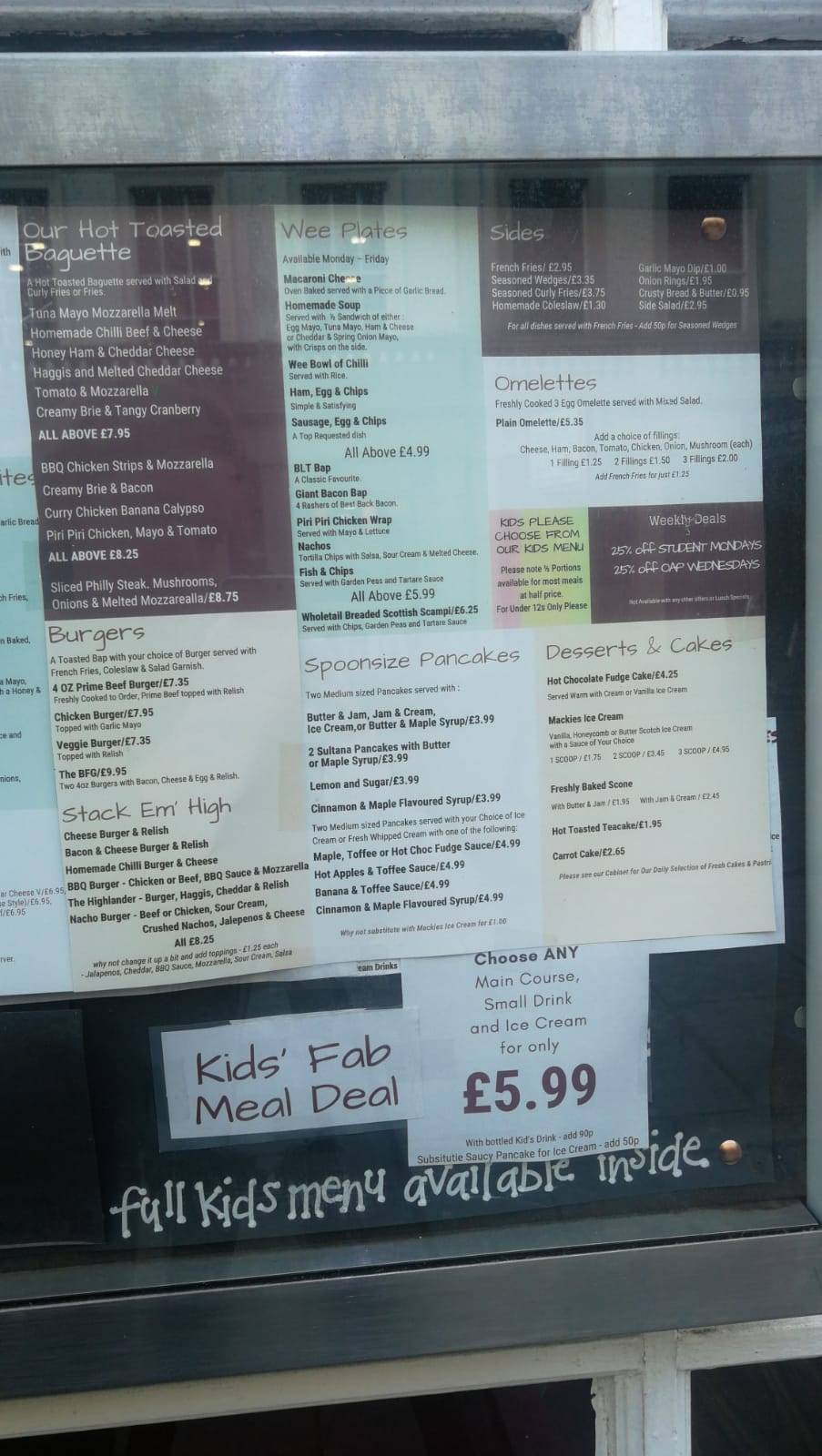Menu at The Pancake Place cafe, Dundee