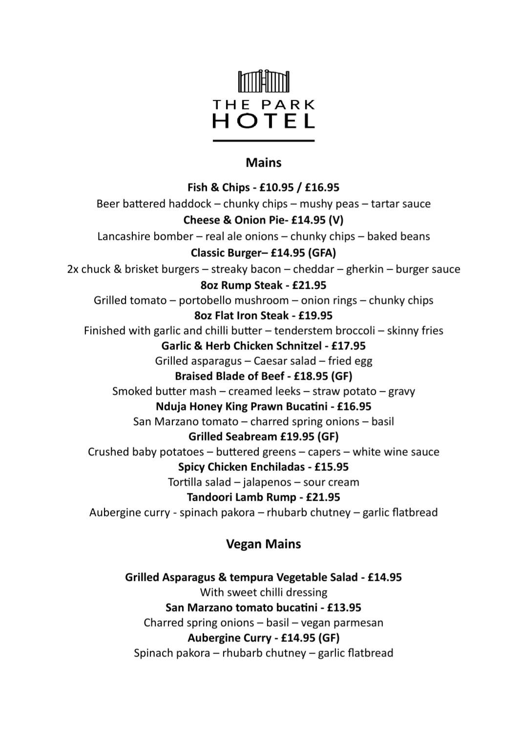 Menu at The Park pub & bar, Blackburn